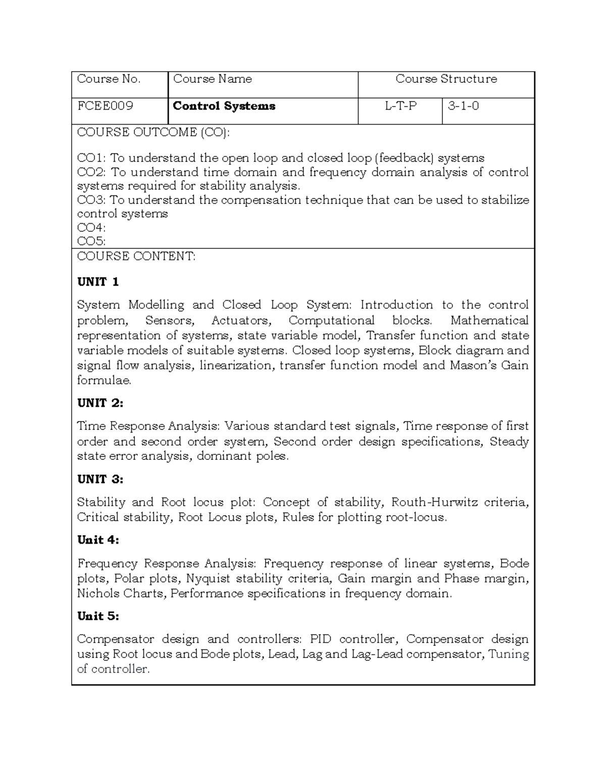 Control System Mechanical - Course No. Course Name Course Structure ...