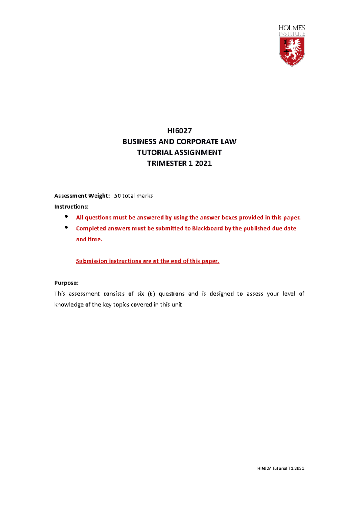 OED2015 9 HI6027 - Group Assignment - HI BUSINESS AND CORPORATE LAW TUTORIAL ASSIGNMENT ...