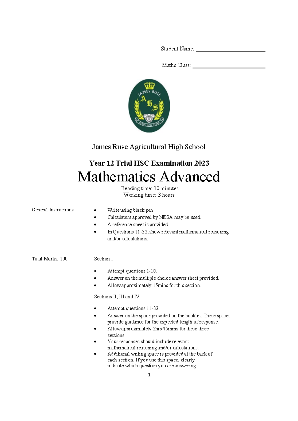 Jrahs 2023 2U - Ytc - Student Name: Maths Class: James Ruse ...