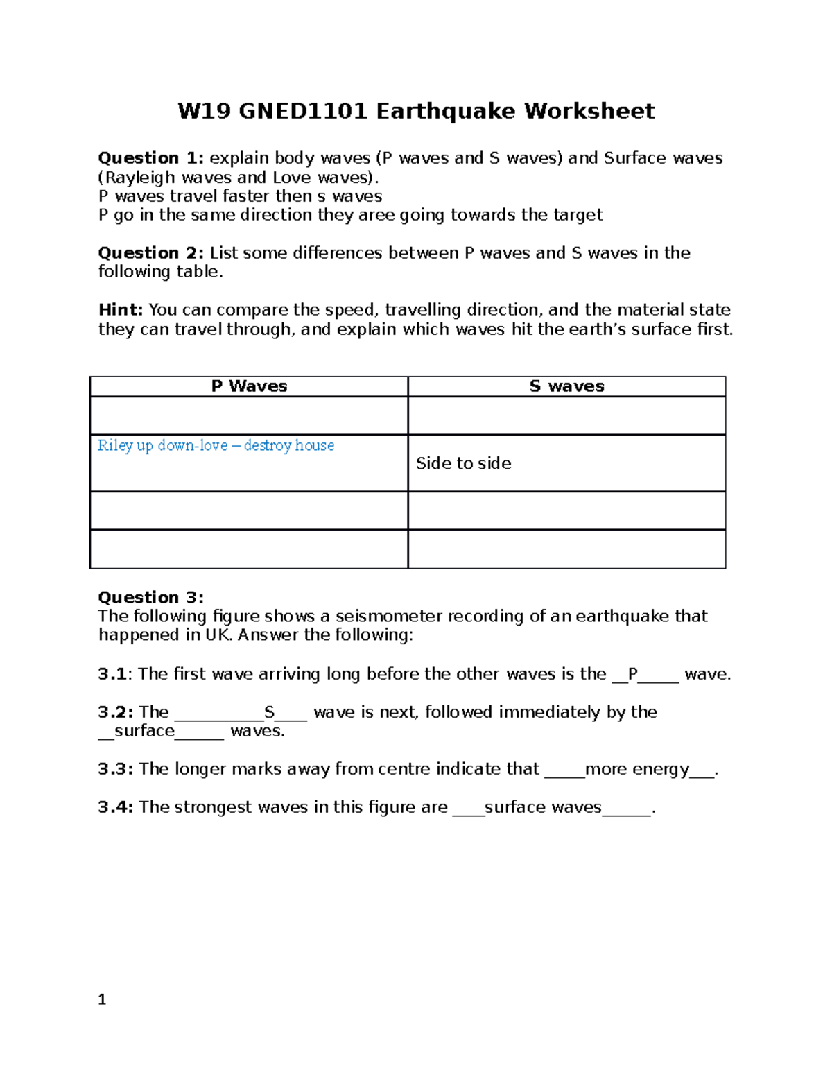 Earthquake Worksheet student - W19 GNED1101 Earthquake Worksheet ...