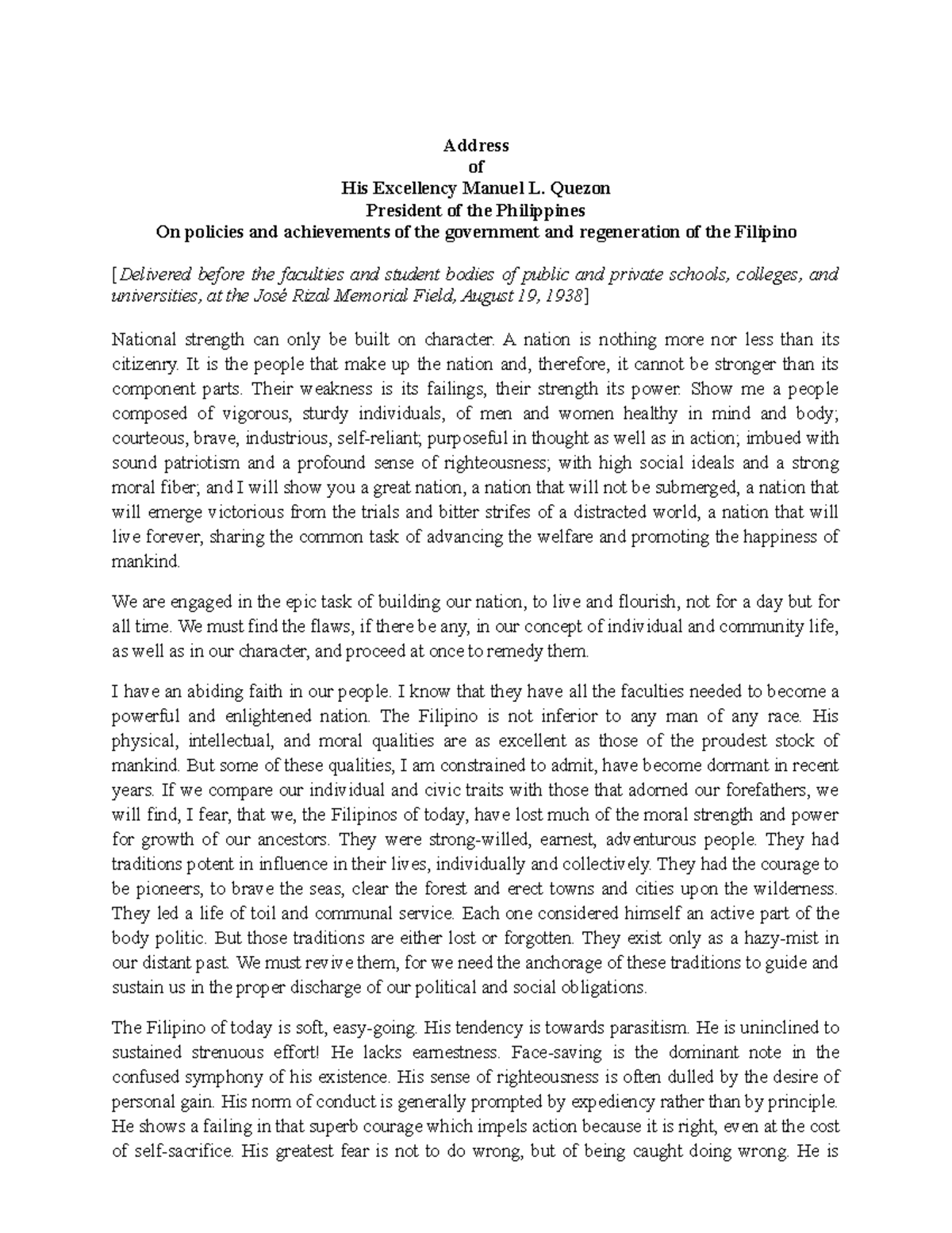 RWS Presidential Address of Manuel L - Address of His Excellency Manuel ...