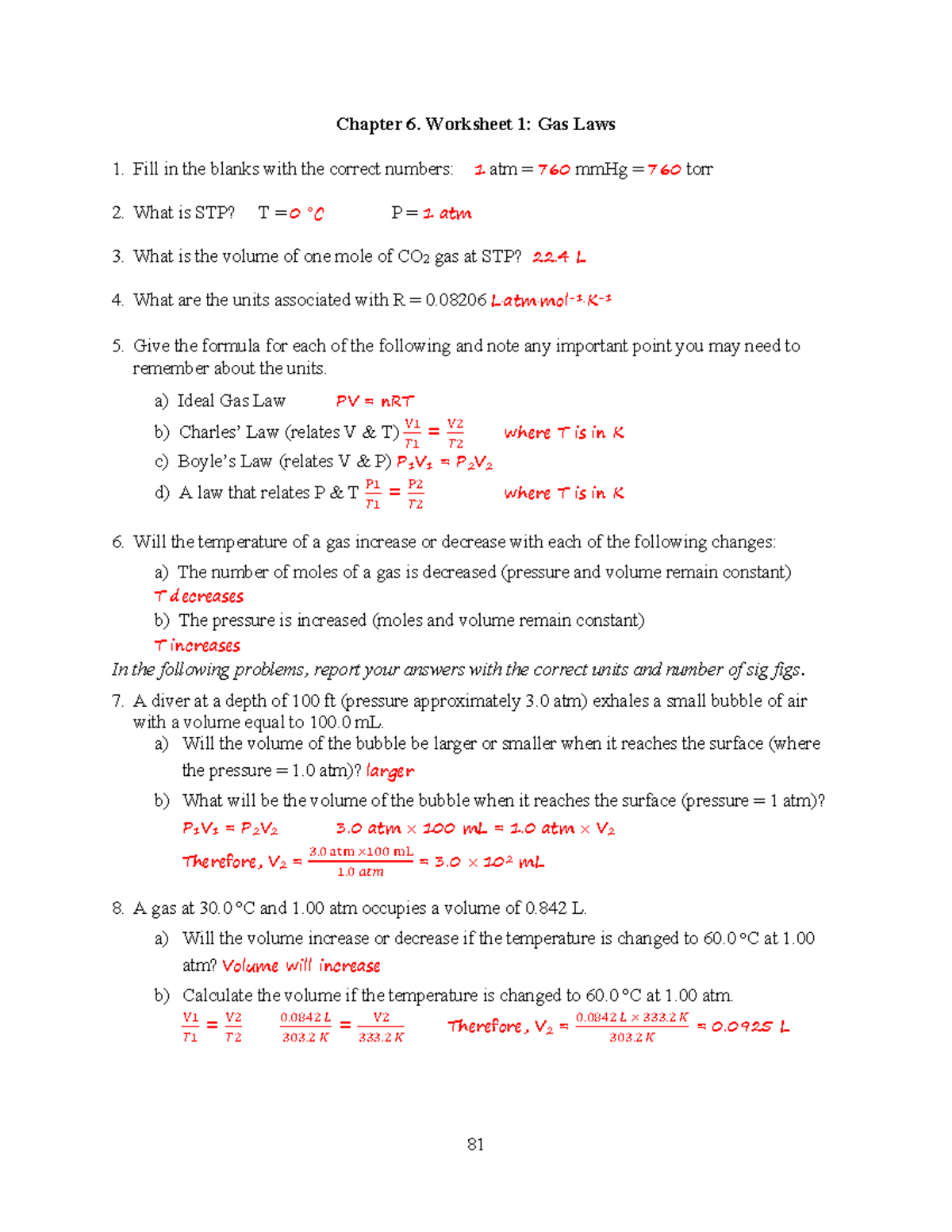 Chapter 06 Worksheet Worked - Chapter 6. Worksheet 1: Gas Laws Fill in ...