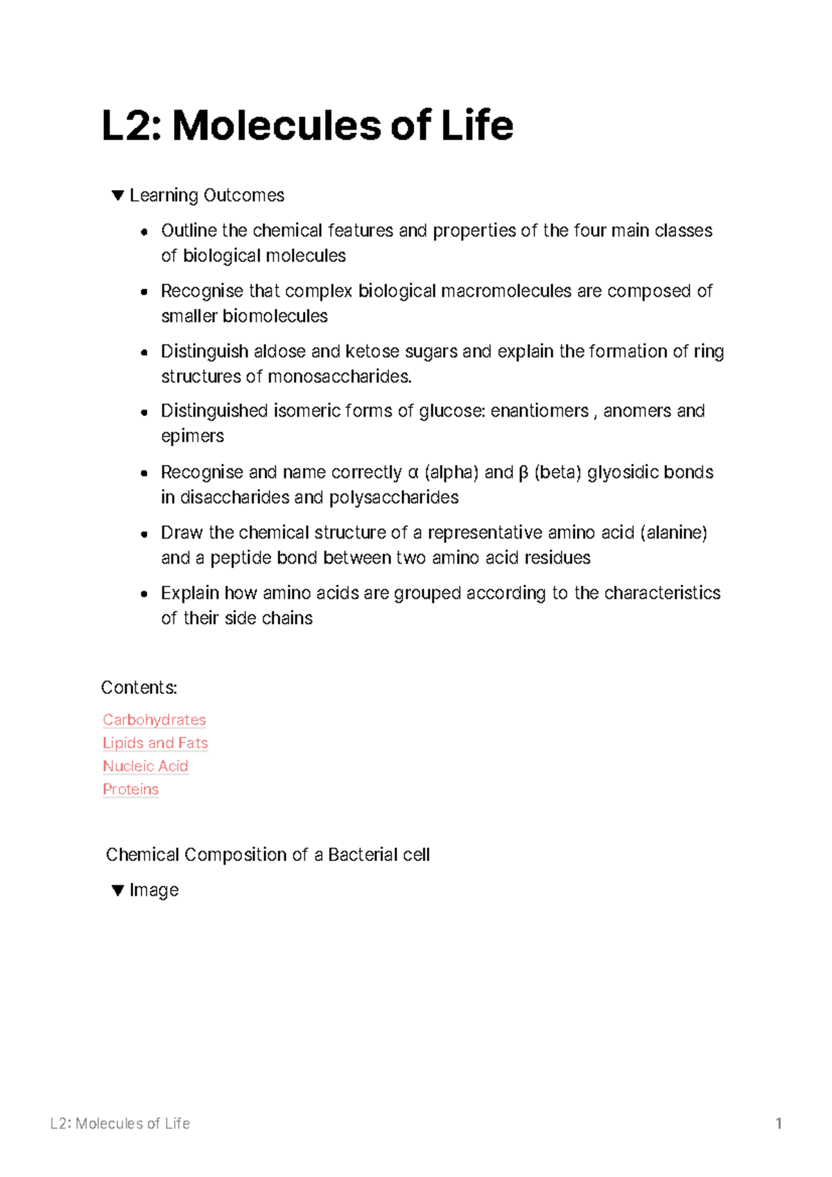 L2 Molecules of Life - L2: Molecules of Life Learning Outcomes Outline ...