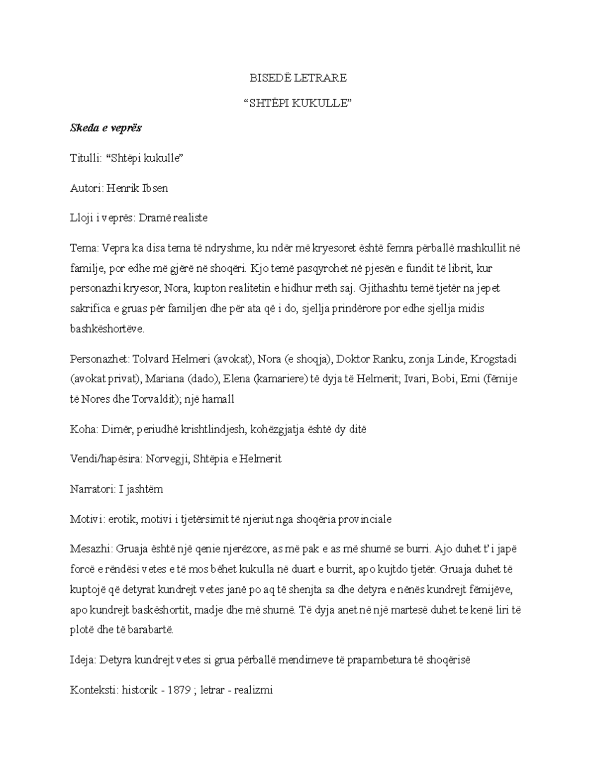 Bisedë letrare [Shtëpi kukulle] - BISEDË LETRARE “SHTËPI KUKULLE” Skeda ...