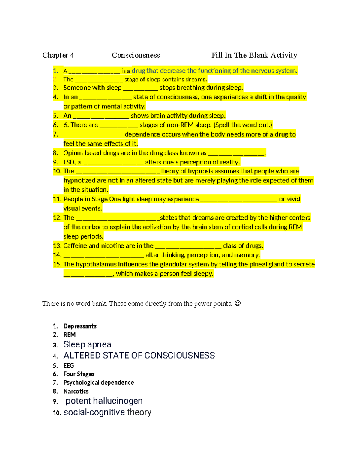 Intro to Psychology Packet 2 - Chapter 4 Consciousness Fill In The ...