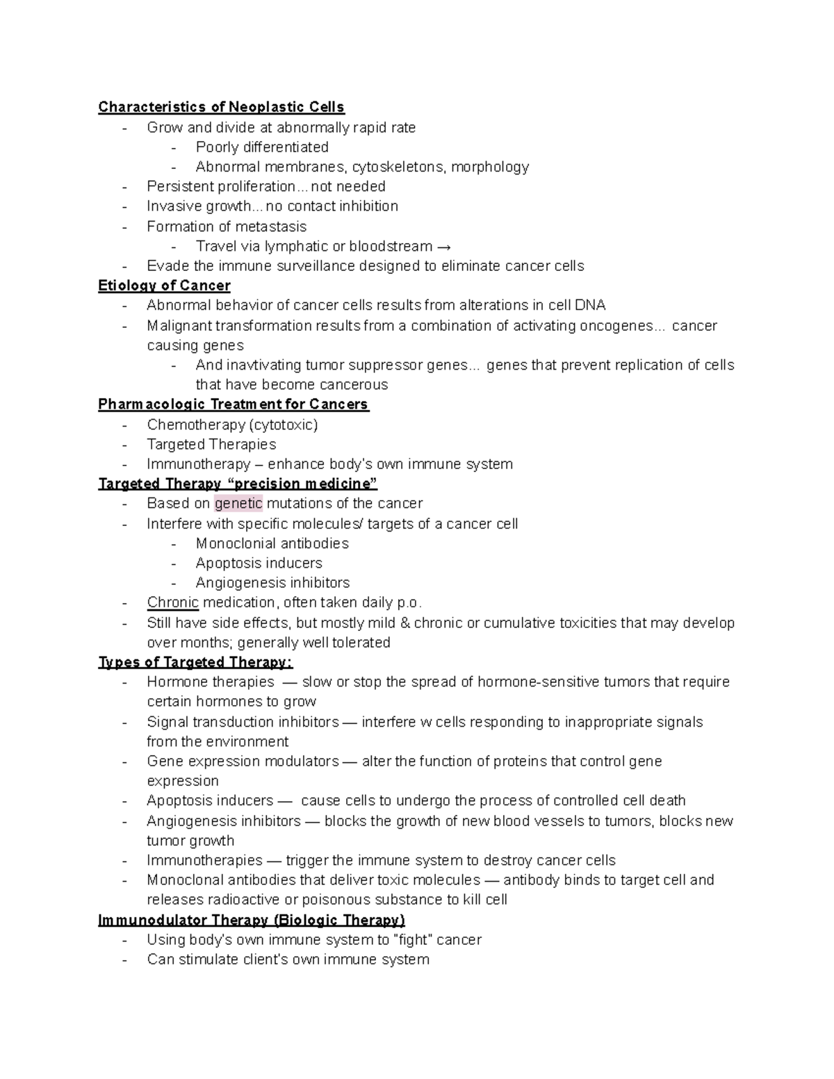 Characteristics of Neoplastic Cells and Pharmacologic Treatment for ...