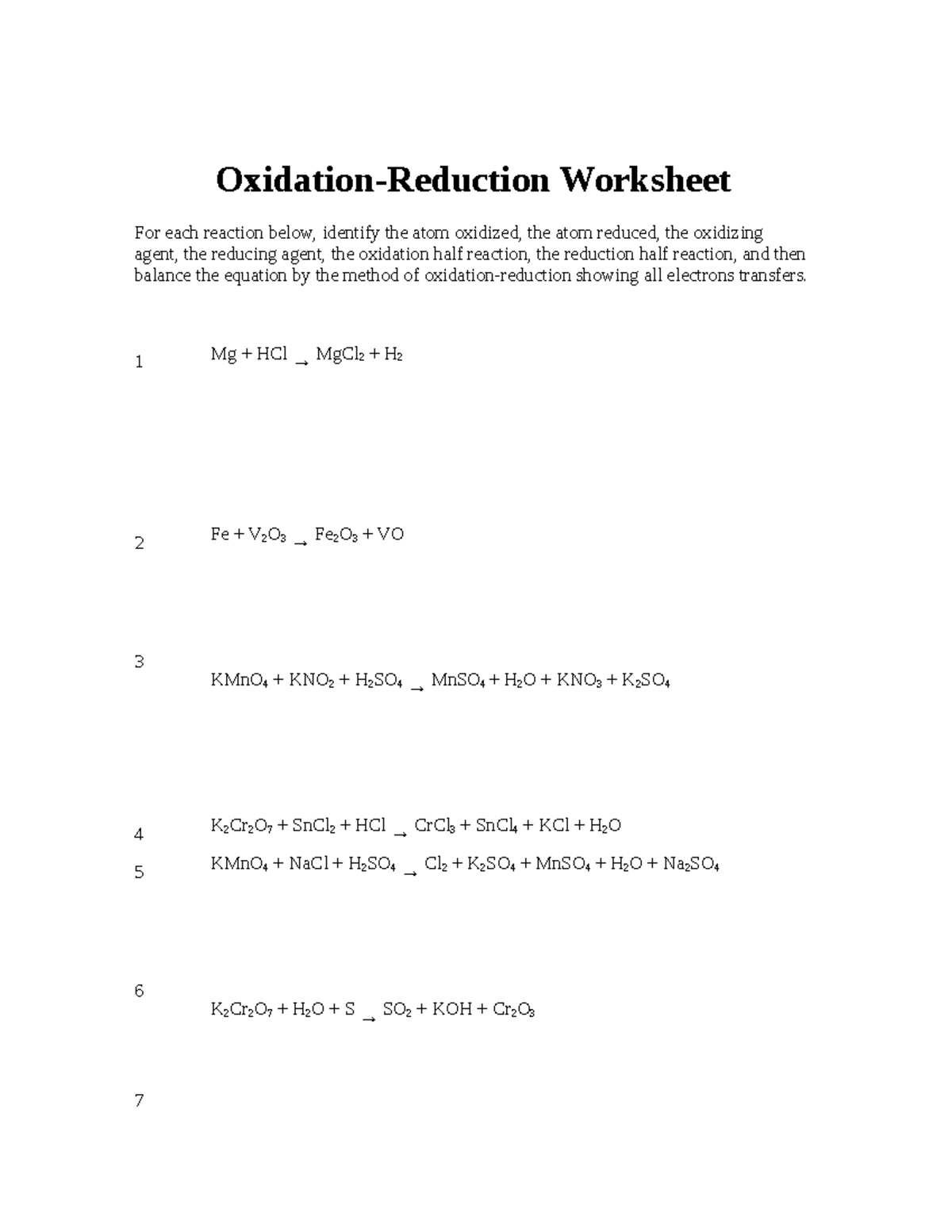 Balance+redox+worksheet - Oxidation-Reduction Worksheet For each reaction below, identify the ...