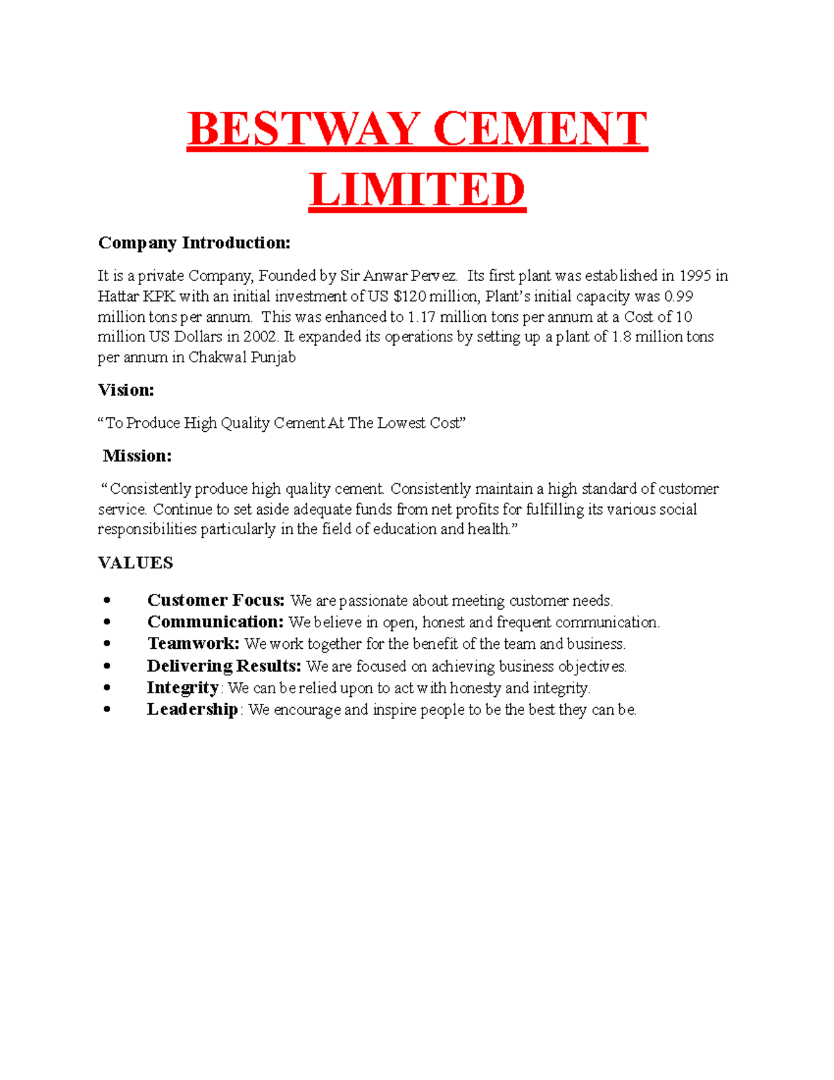 Bestway Cement Report - BESTWAY CEMENT LIMITED Company Introduction: It ...