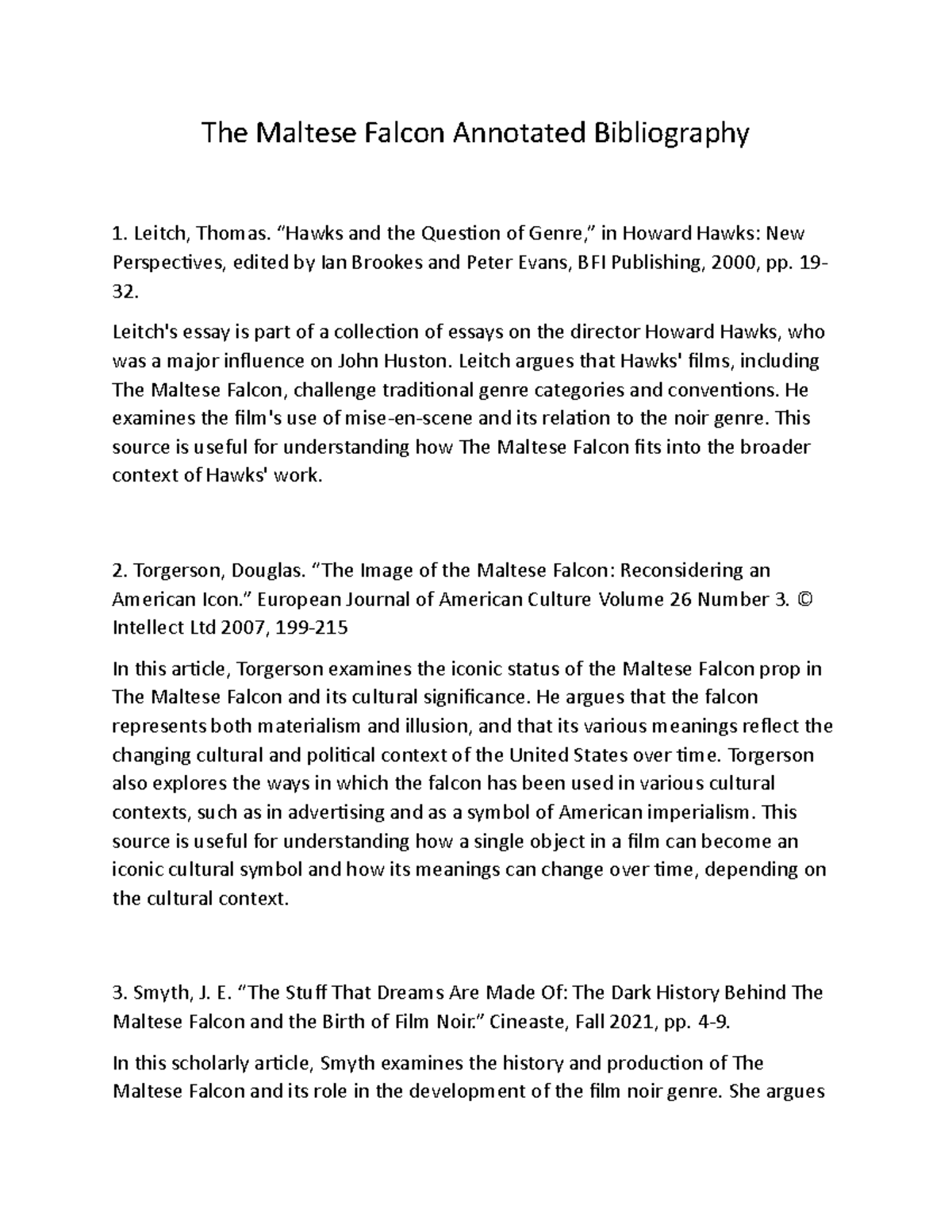 Annotated Biography - The Maltese Falcon Annotated Bibliography Leitch ...