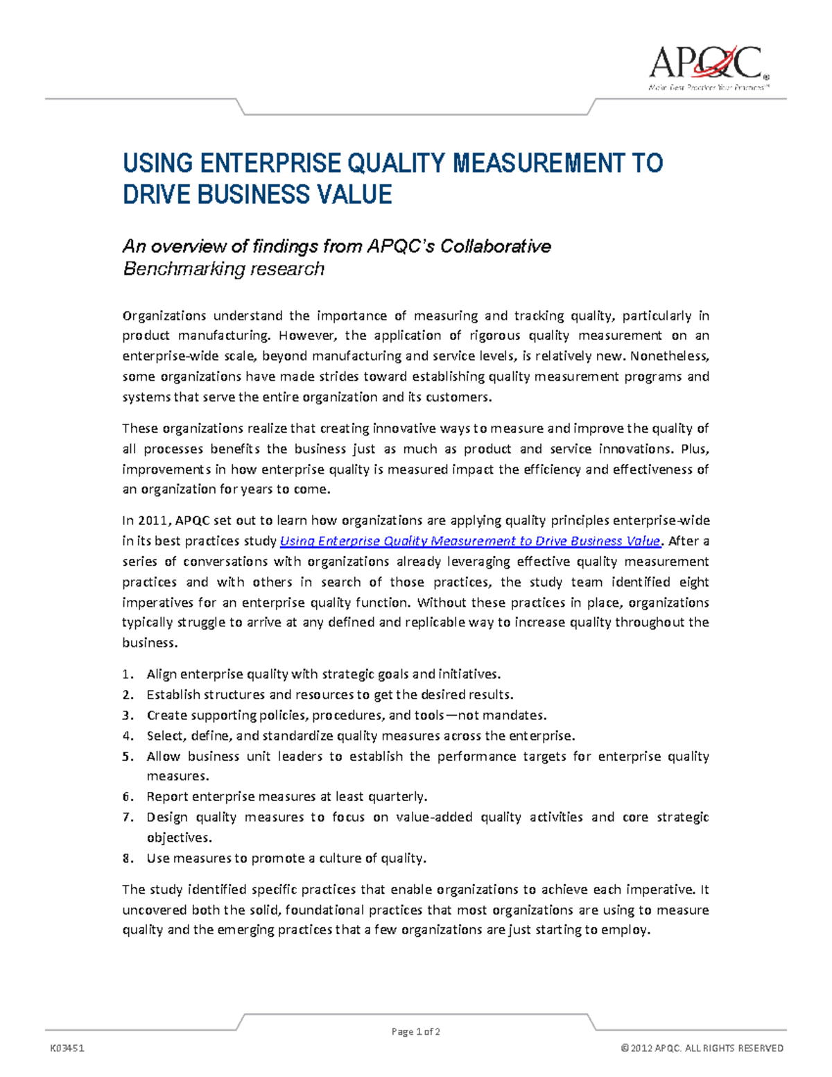 K03451 Using Enterprise Quality Measurement to Drive Business Value ...