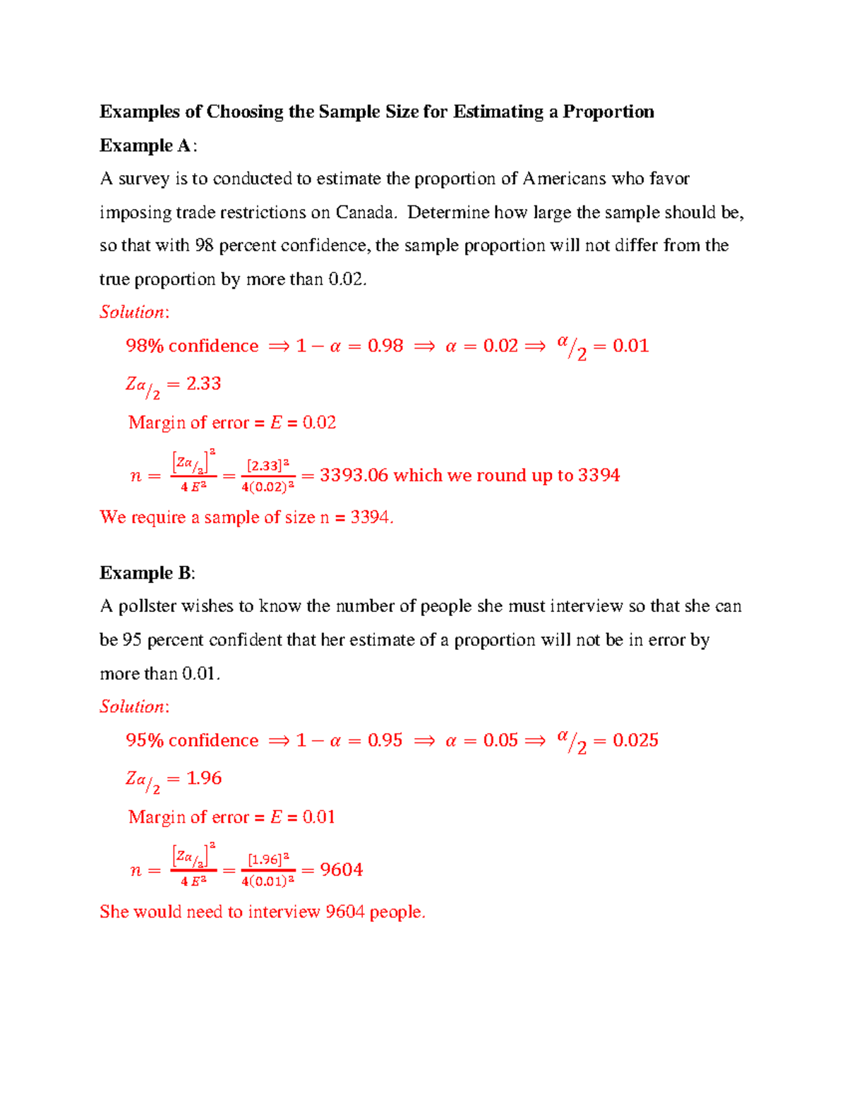 Examples of Choosing the Sample Size for Estimating a Proportion ...