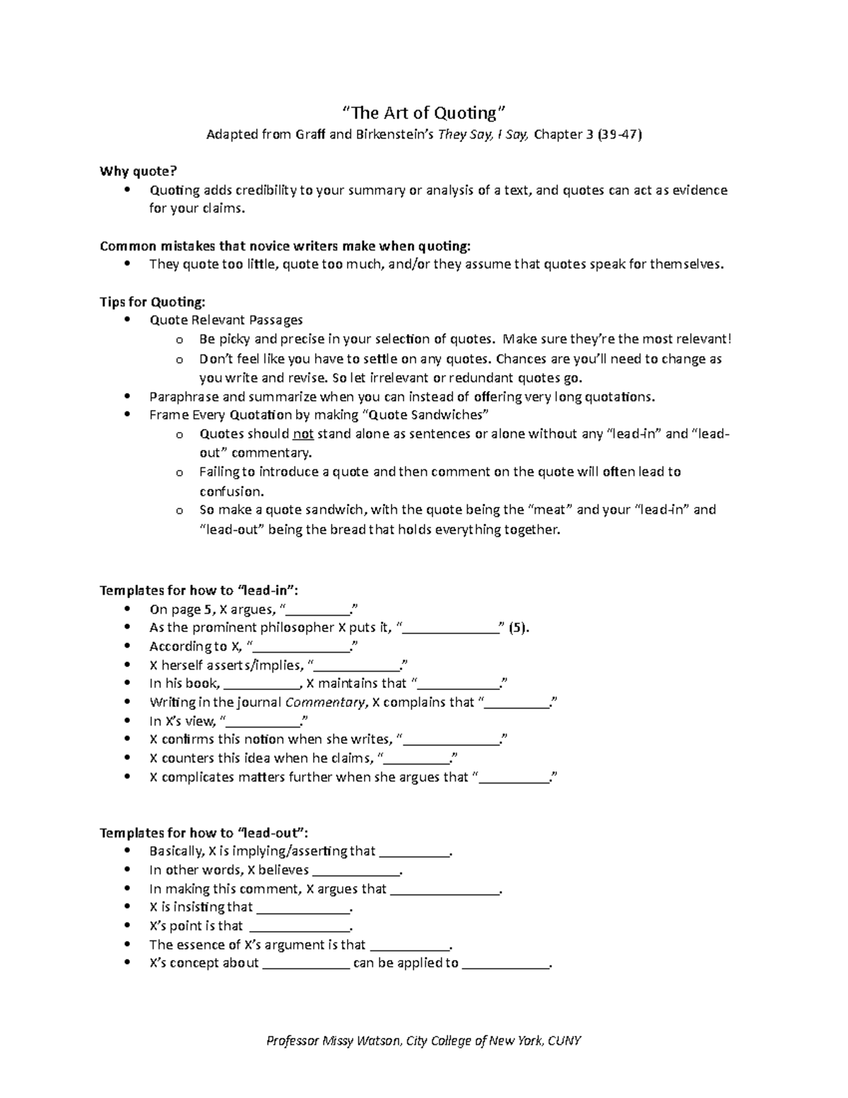 Handout The Art of Quoting - “The Art of Quoting” Adapted from Graff ...