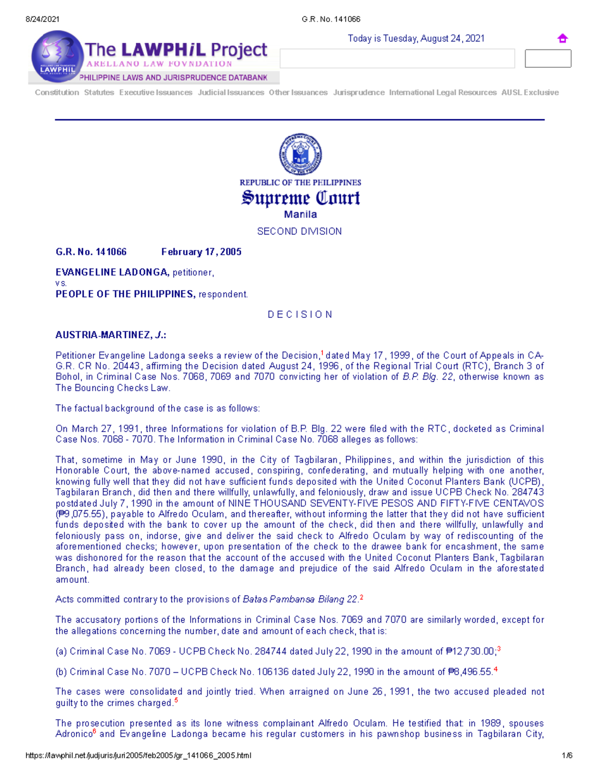 Ladonga v. People, G.R. No. 141066, 17 February 2005 ...