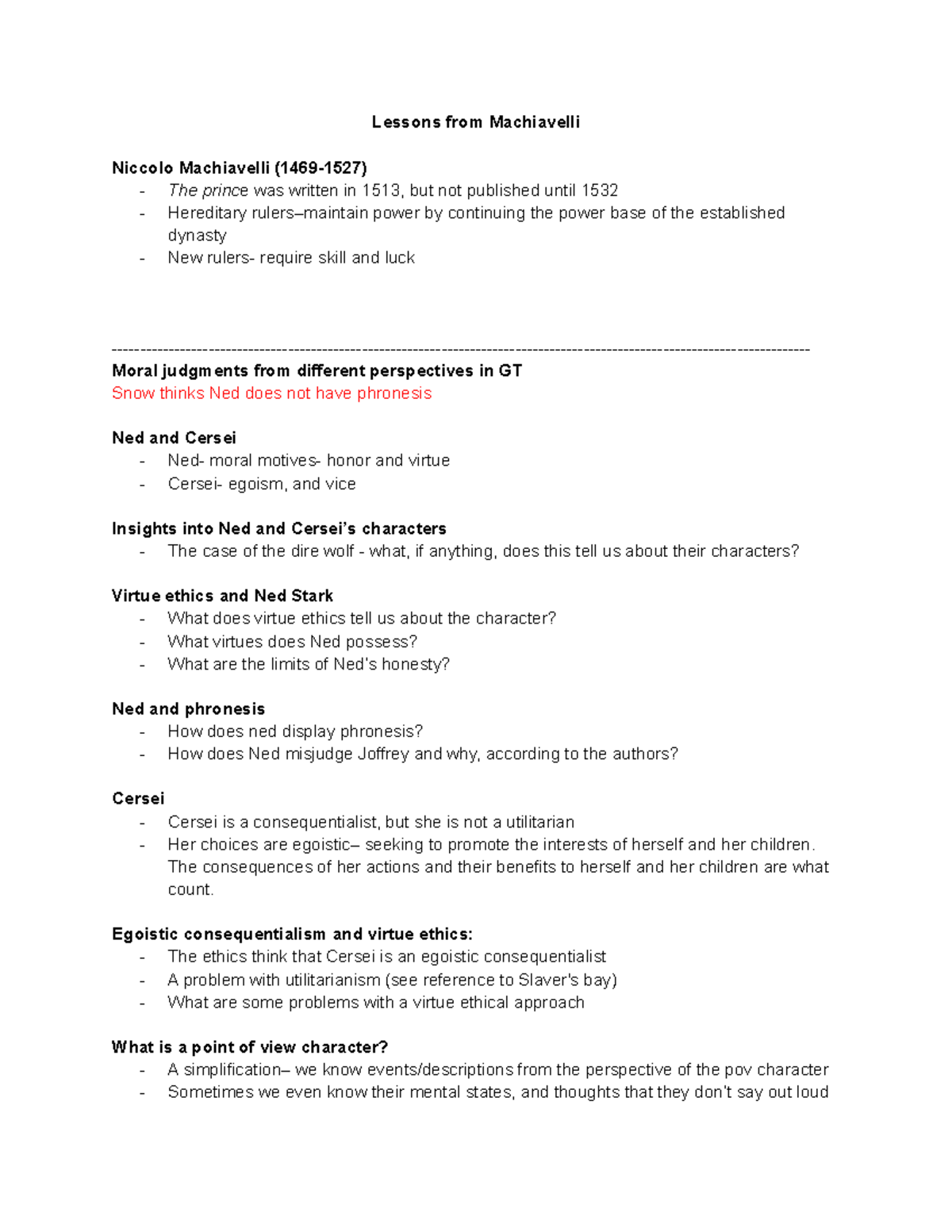 Ethics in the game of thrones - Lessons from Machiavelli Niccolo ...