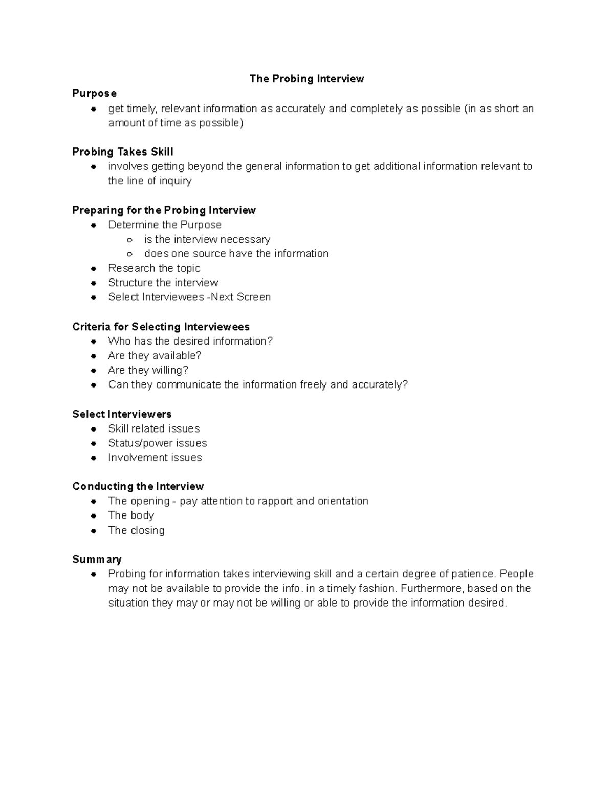Chapter 5 - The Probing Interview Purpose get timely, relevant ...
