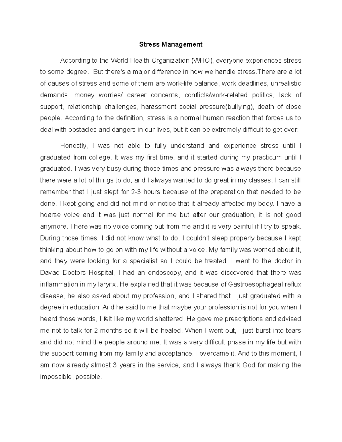 Stress Management Reflection - Stress Management According to the World ...