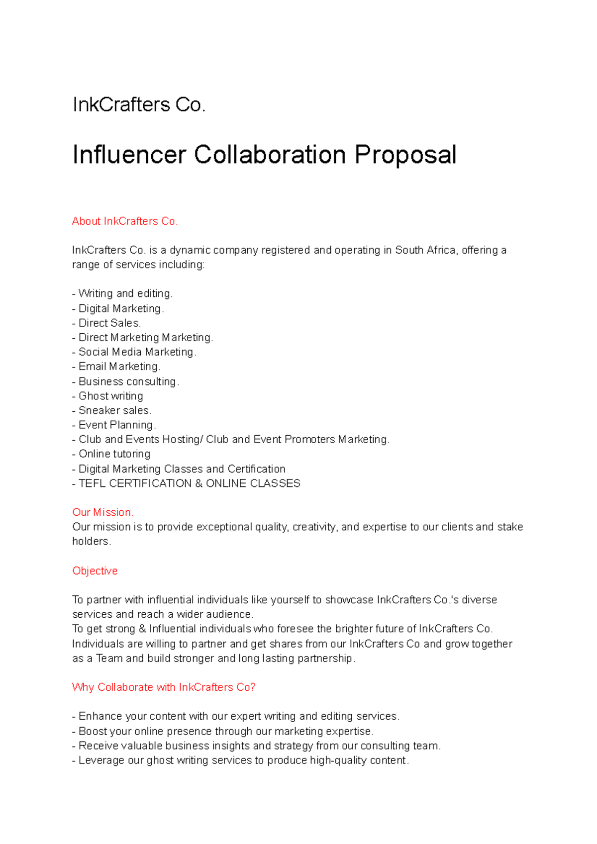 Ink Crafters Co Collaboration Proposal - InkCrafters Co. Influencer ...