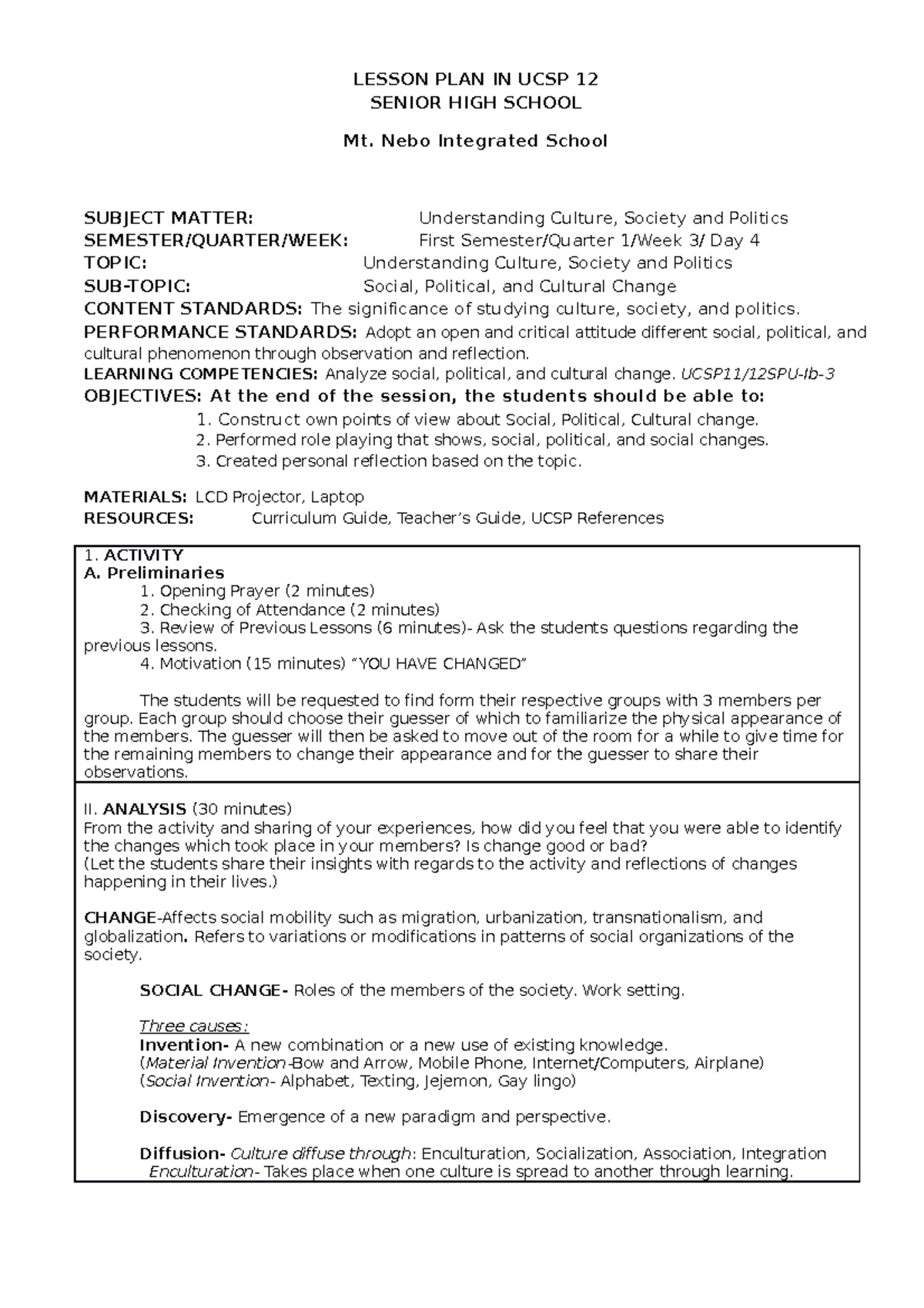 UCSP - UNDERSTANDING CULTURE, SOCIETY AND POLITICS - LESSON PLAN IN ...