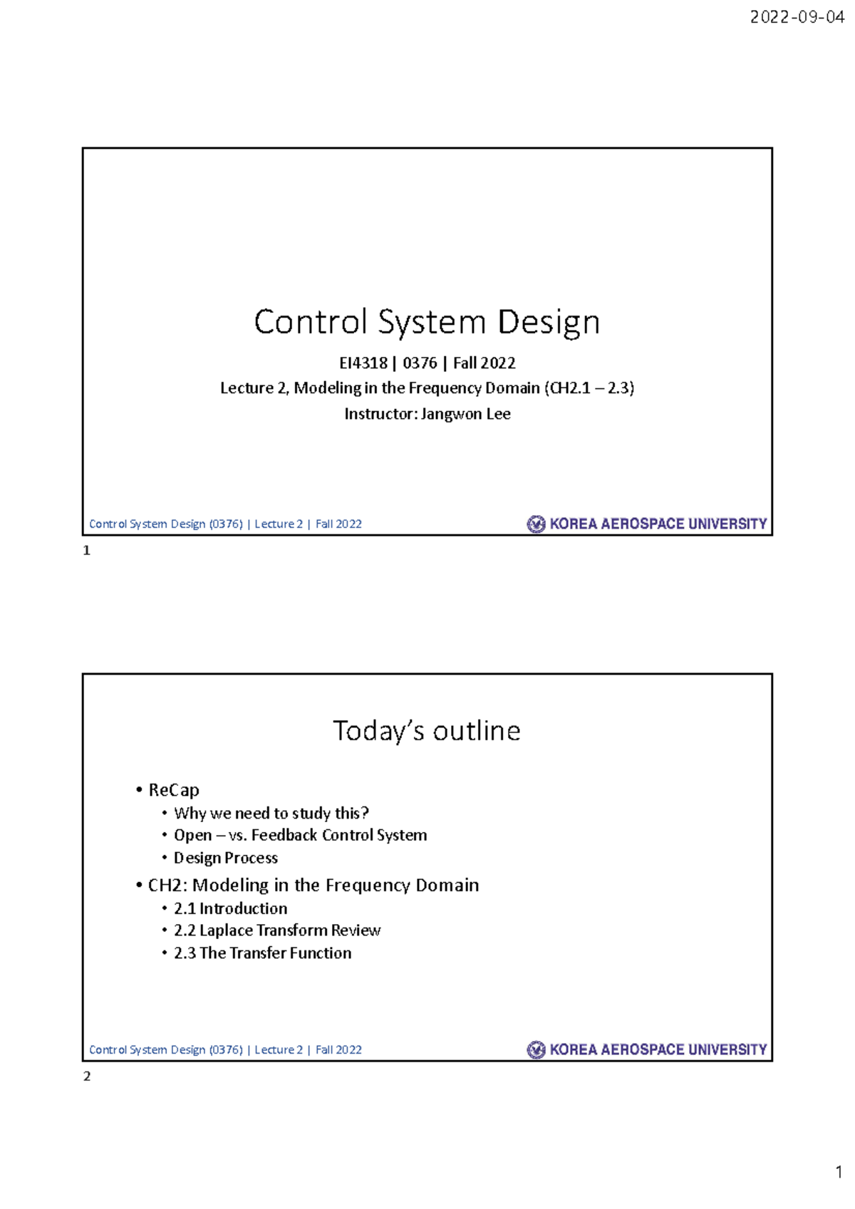 Week2 control sys fall2022 - Control System Design (0376) | Lecture 2 ...