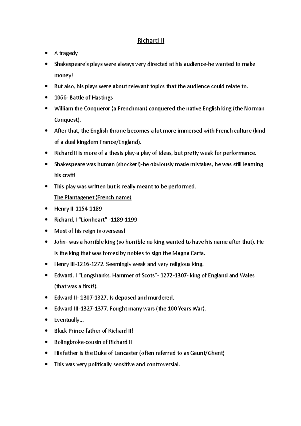 Richard II - These notes are from my Honors Triple literature class ...