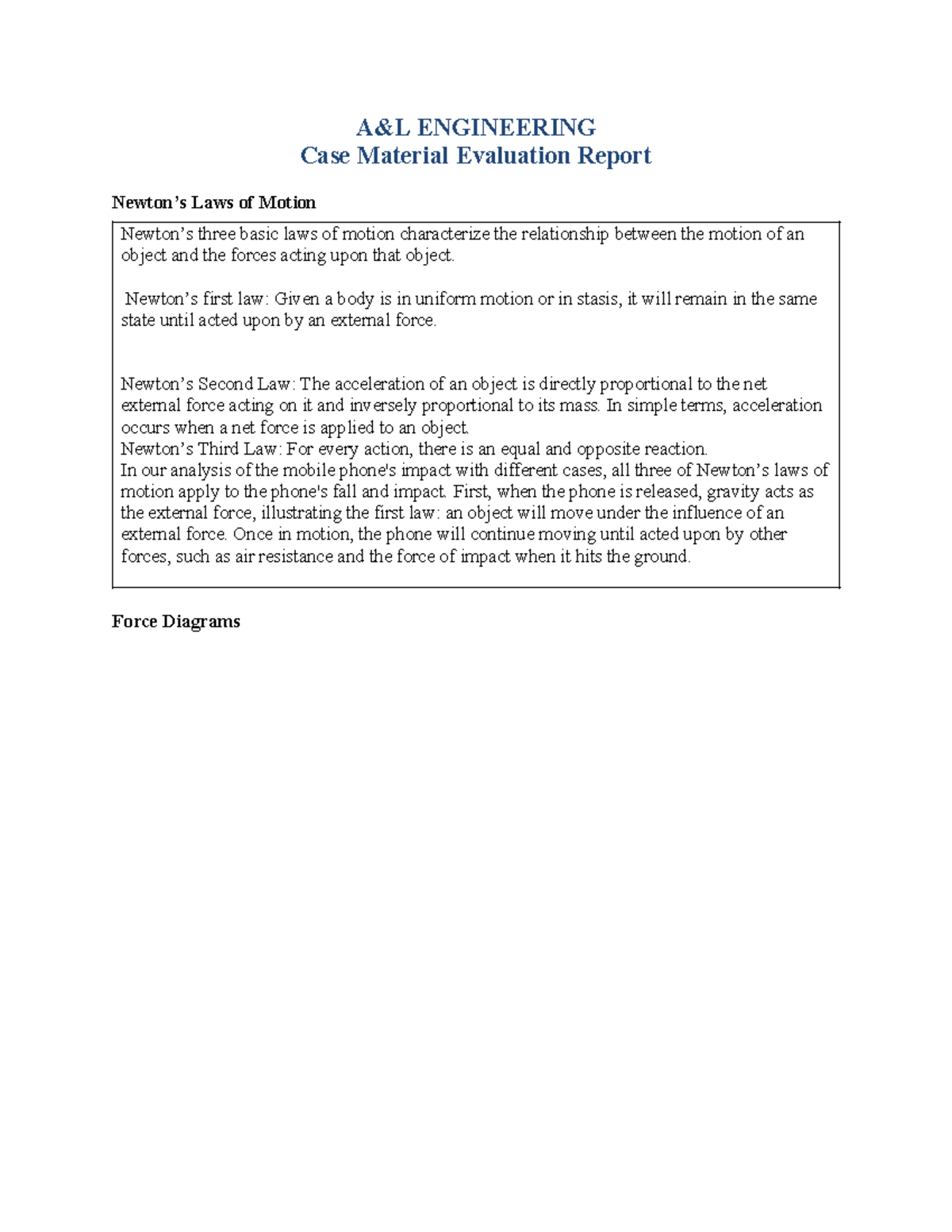 PHY 150 Project Two Case Material Evaluation Report Template - A&L ...