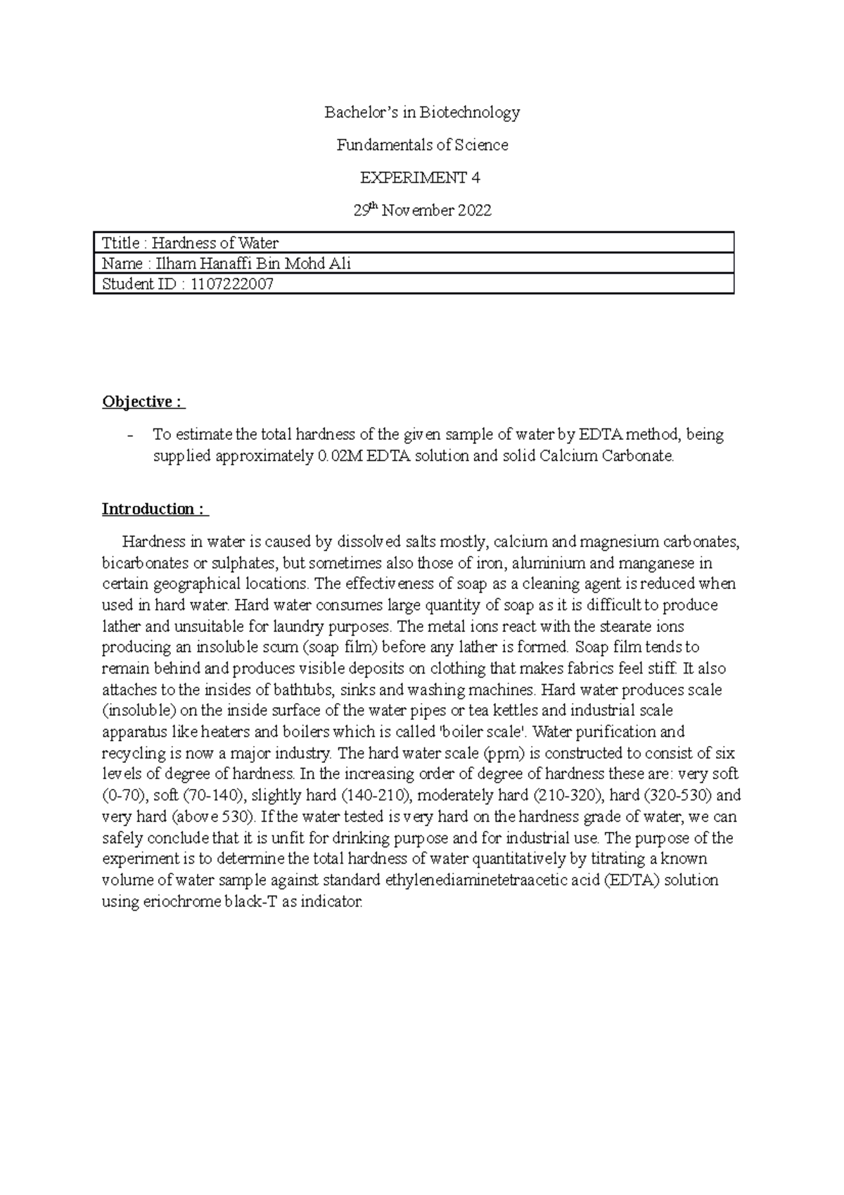 FOS Lab Report 4 Hardness of Water - Bachelor’s in Biotechnology ...