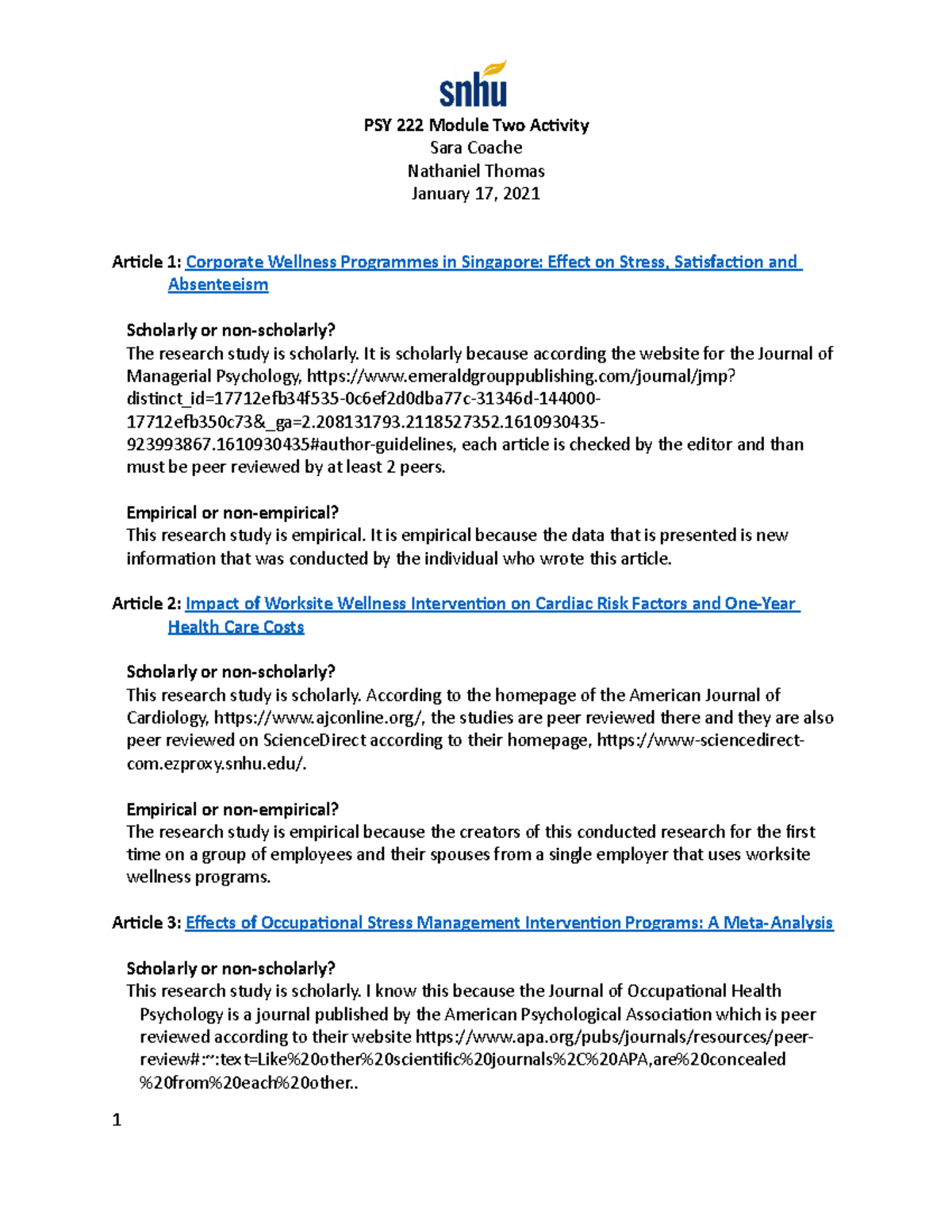 PSY 222 Module Two Activity - PSY 222 Module Two Activity Sara Coache Nathaniel Thomas January ...