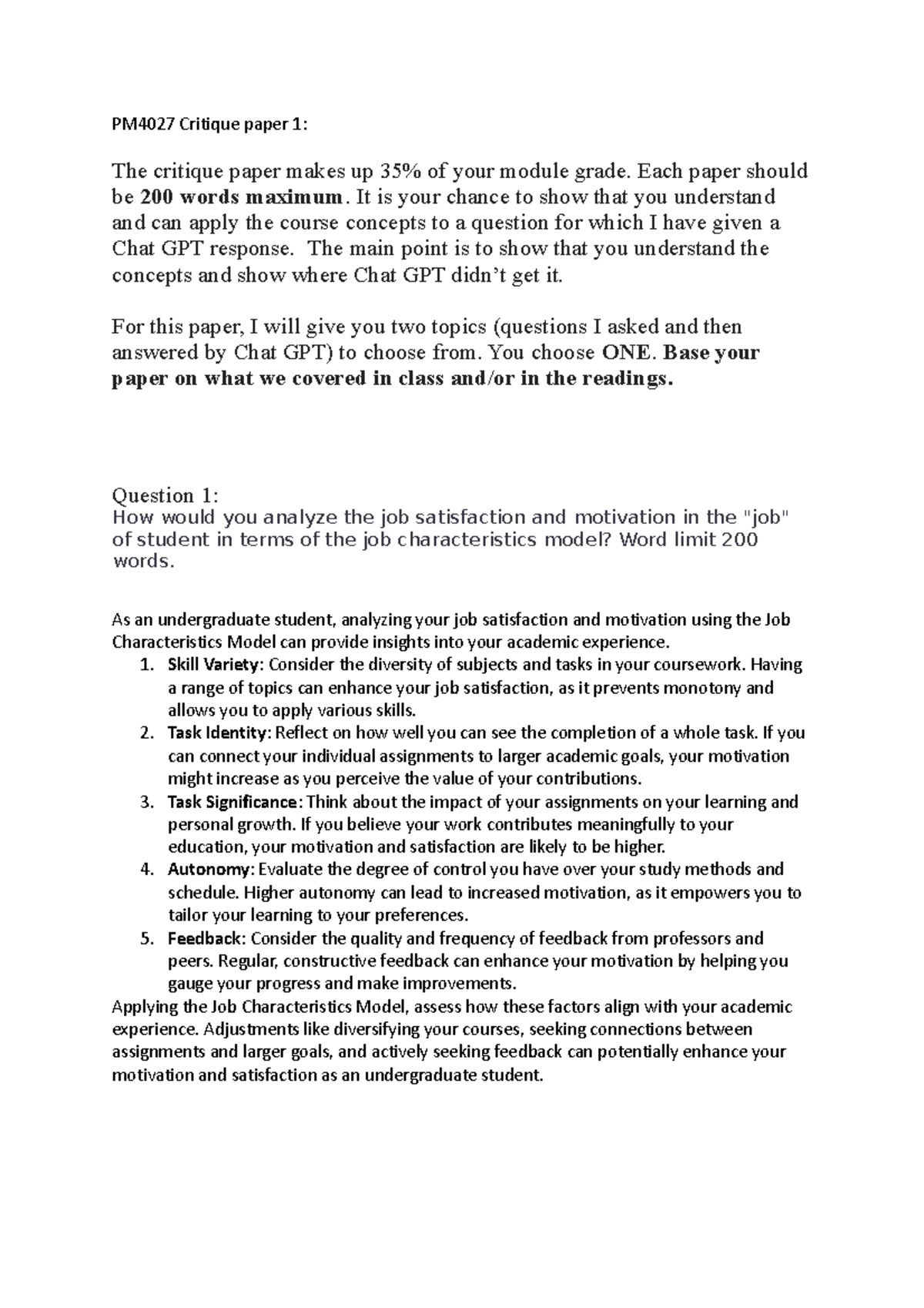 PM4027 Critique paper 1 Important - PM4027 Critique paper 1: The ...