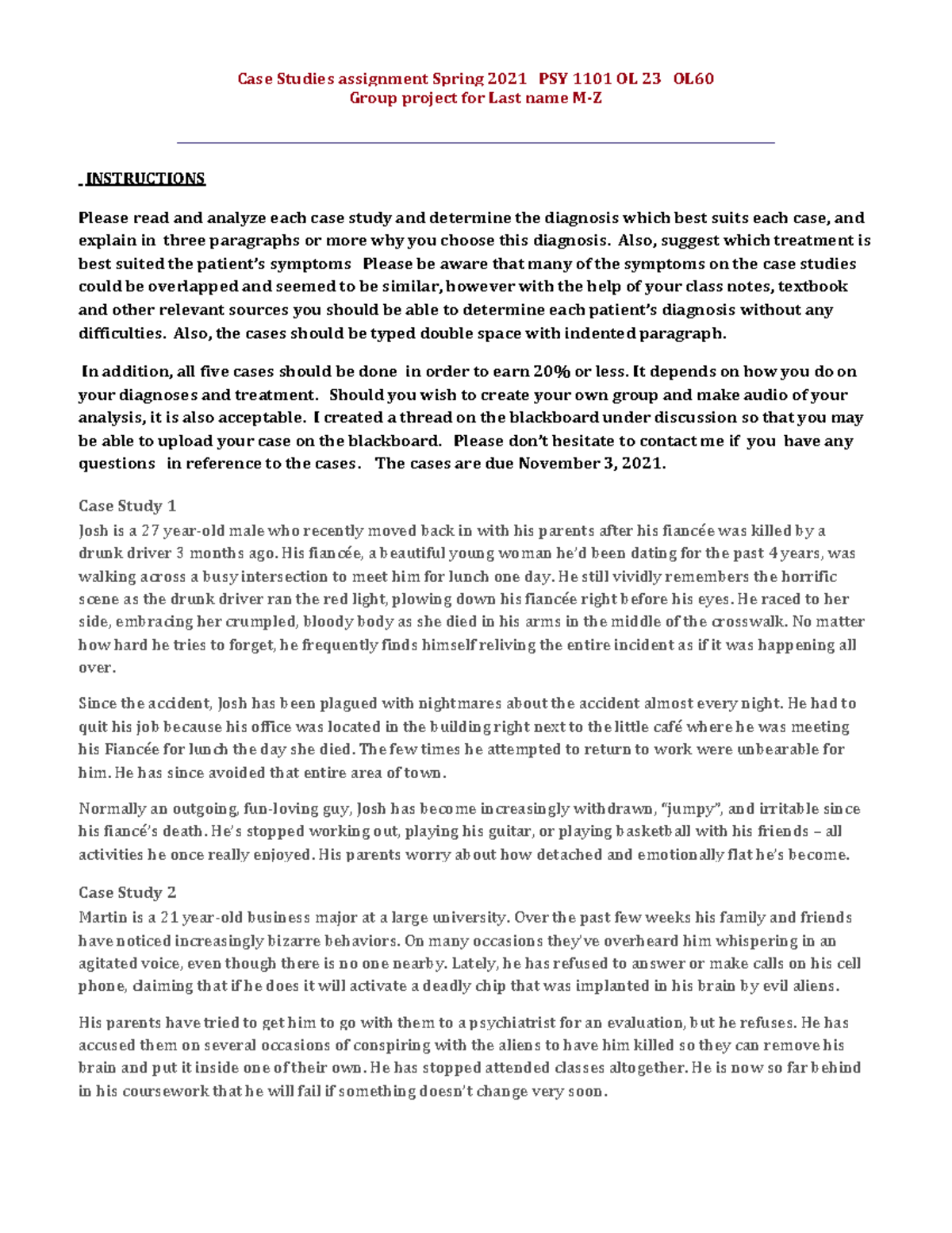 Case study assignment for OL23 and OL60 M to Z - Case Studies ...