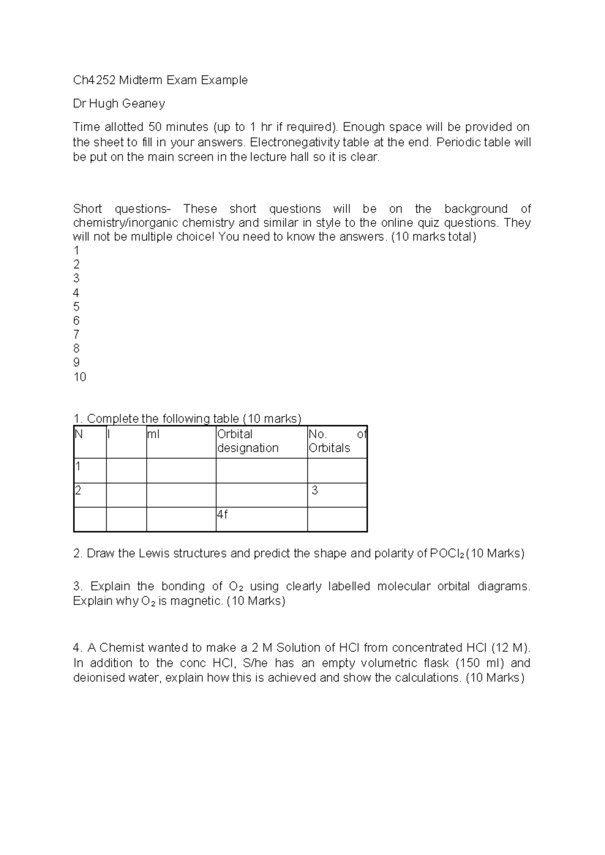 Ch4252 Midterm Exam Example - Enough space will be provided on the sheet to fill in your answers ...