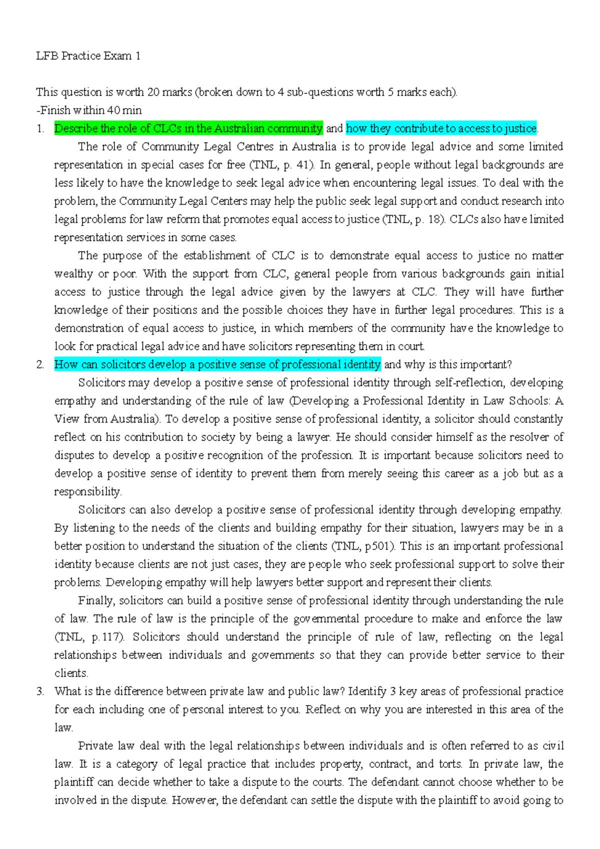 LFB Practice Exam 1 Answer - LFB Practice Exam 1 This question is worth ...