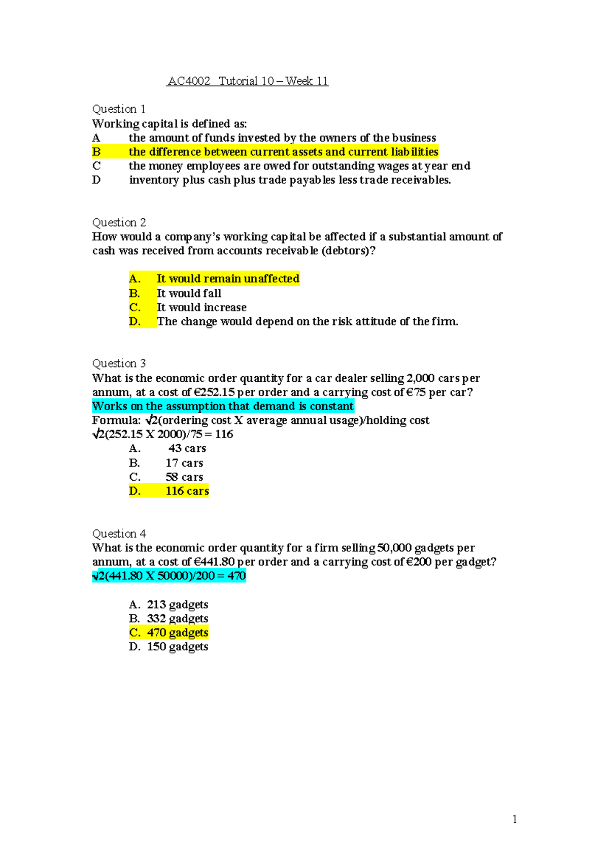 AC4002 Tutorial+10 Week+11 - AC4002 Tutorial 10 – Week 11 Question 1 Working capital is defined ...