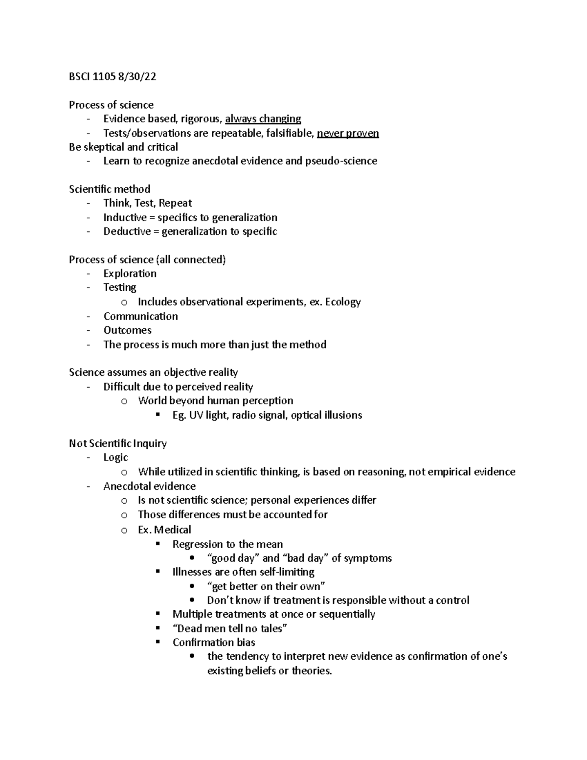 BSCI 1105 8:30:22 - Dr. D - BSCI 1105 8/30/ Process of science ...