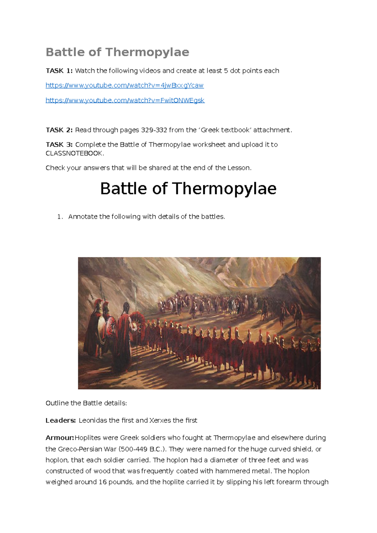 Battle of Thermopylae Worksheet - Battle of Thermopylae TASK 1: Watch ...