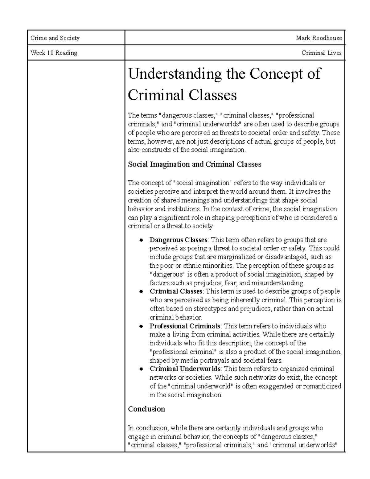 Criminal Lives Reading Notes - Crime and Society Mark Roodhouse Week 10 ...