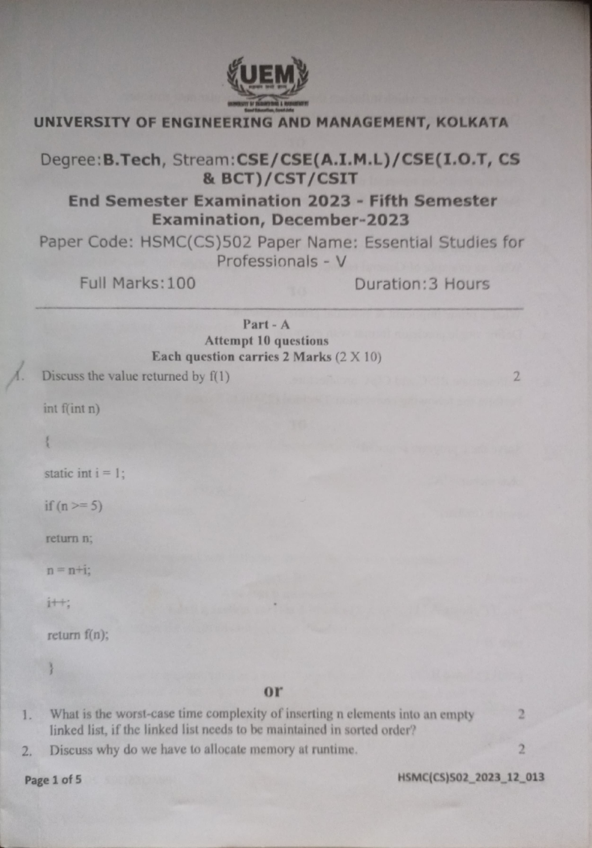 ESP sample paper for 5th sem - UNIVERSITY OF ENGINEERING AND MANAGEMENT ...