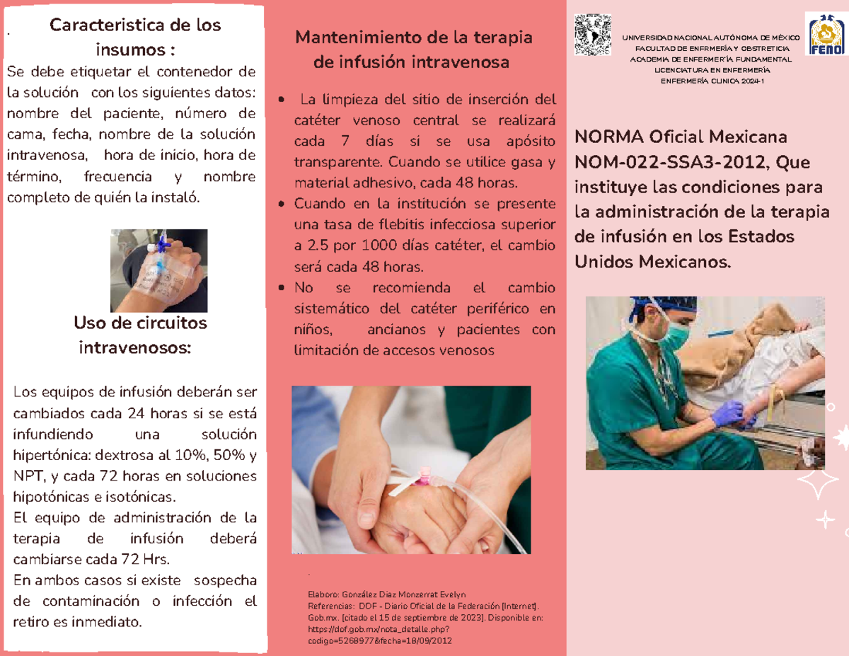 Triptico norma 022 - Mantenimiento de la terapia de infusión intravenosa La limpieza del sitio ...
