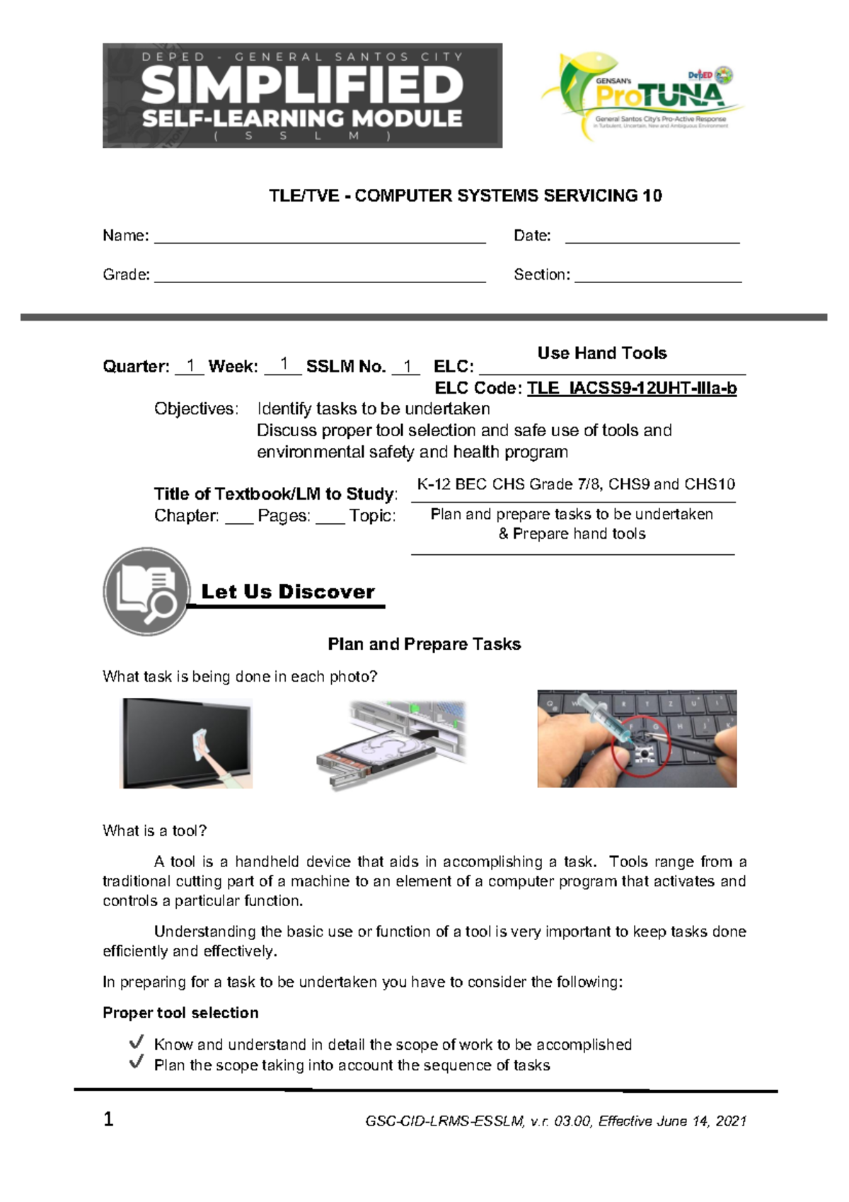 CSS10-Q1-W1 - tle - TLE/TVE - COMPUTER SYSTEMS SERVICING 10 Name: - Studocu