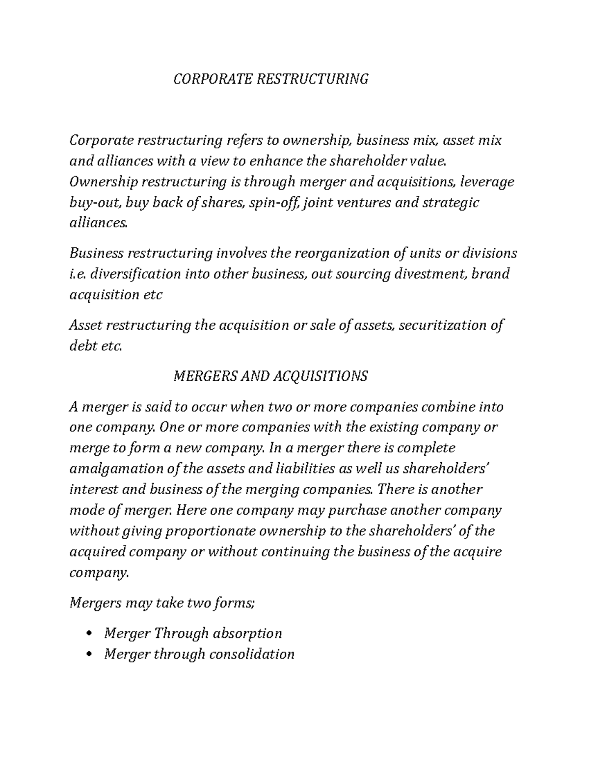 Corporate Restructuring - CORPORATE RESTRUCTURING Corporate ...