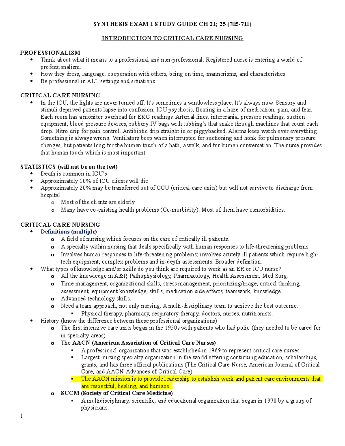 EXAM 1 Study Guide - Synthesis of nursing - SYNTHESIS EXAM 1 STUDY ...