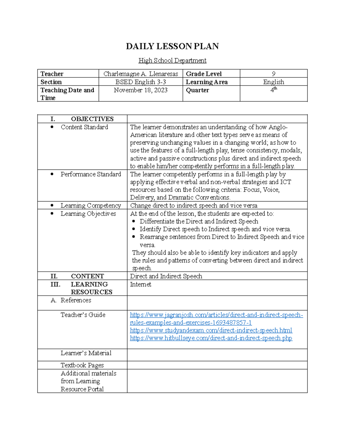 TTL Lesson Plan - DAILY LESSON PLAN High School Department Teacher ...