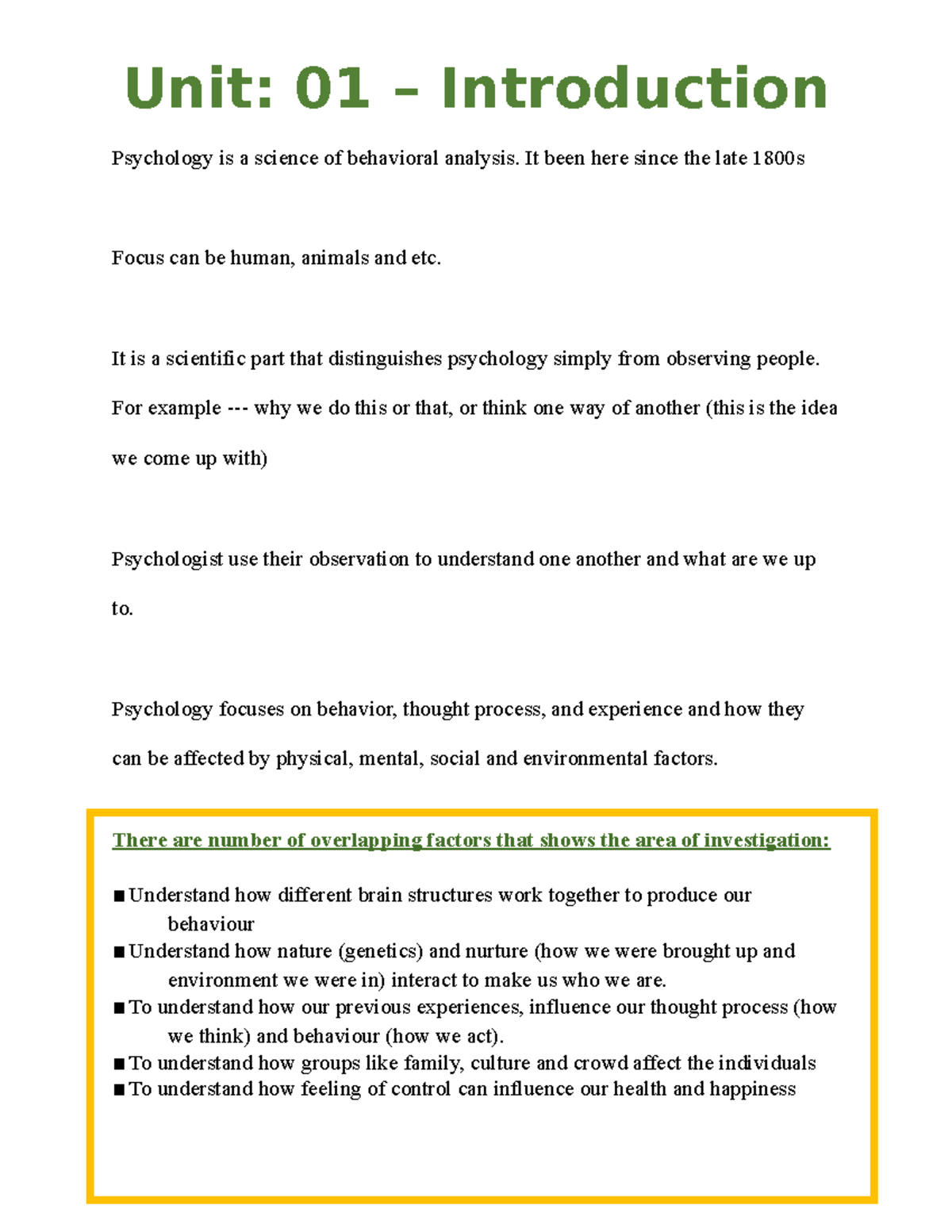 Unit 01 - Lecture notes 1-2 - Psychology is a science of behavioral ...