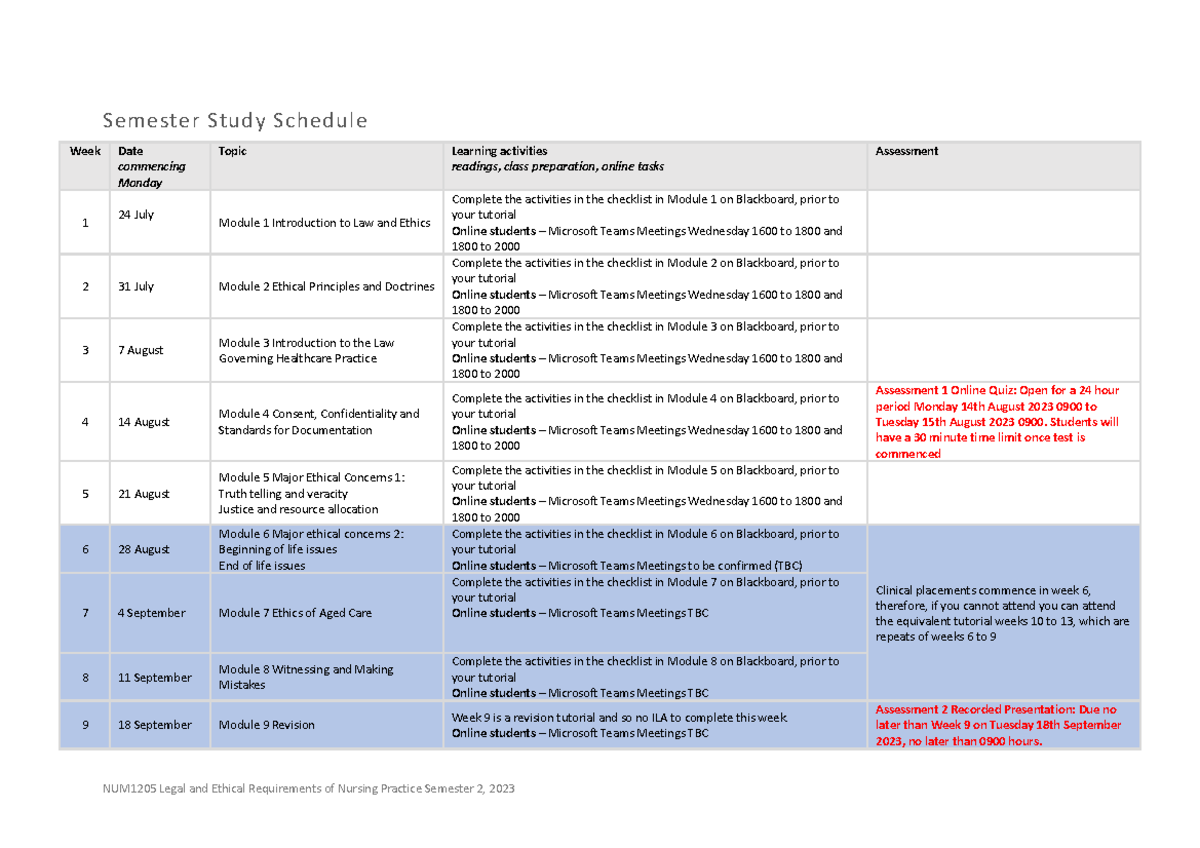 NUM1205 Semester Schedule 232-6 - Semester Study Schedule Week Date ...