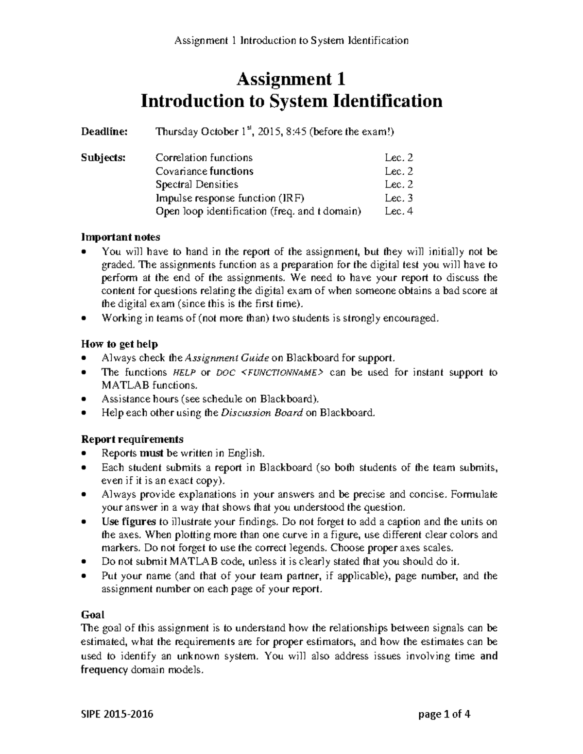 Assignment 1 (2015-2016) Introduction and Open Loop SI - Assignment 1 ...