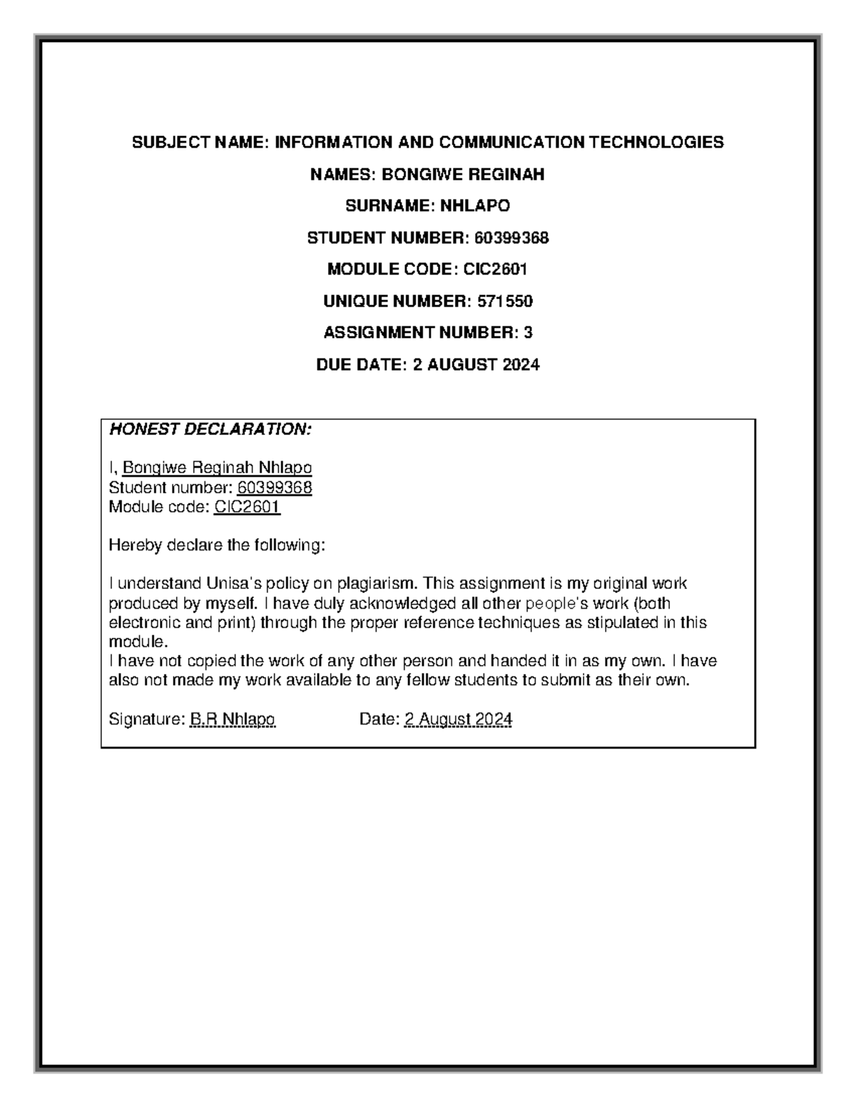 Assignment 3, CIC2601, - SUBJECT NAME: INFORMATION AND COMMUNICATION ...