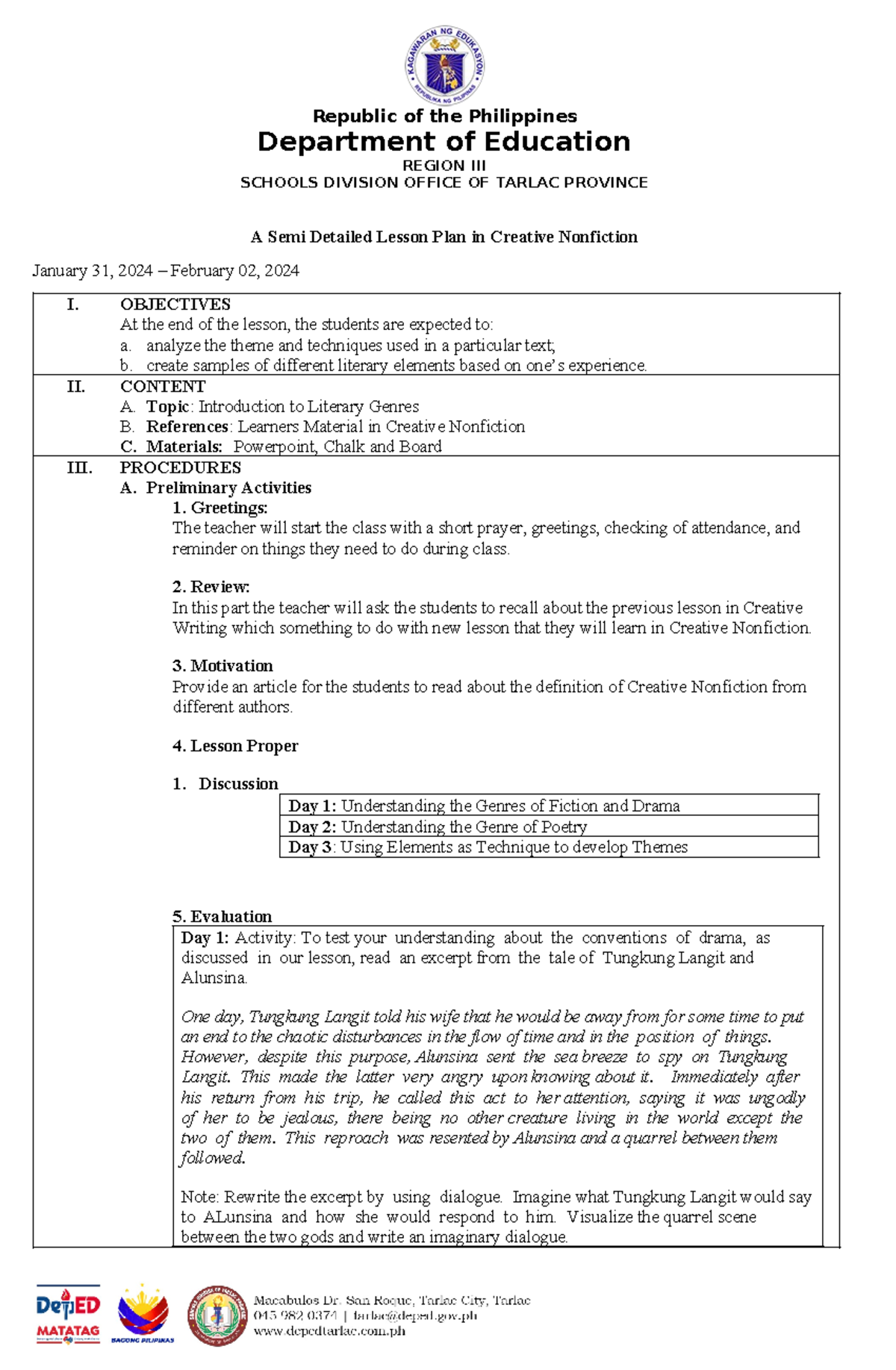 Lesson Plan Week 1 - Republic of the Philippines Department of ...