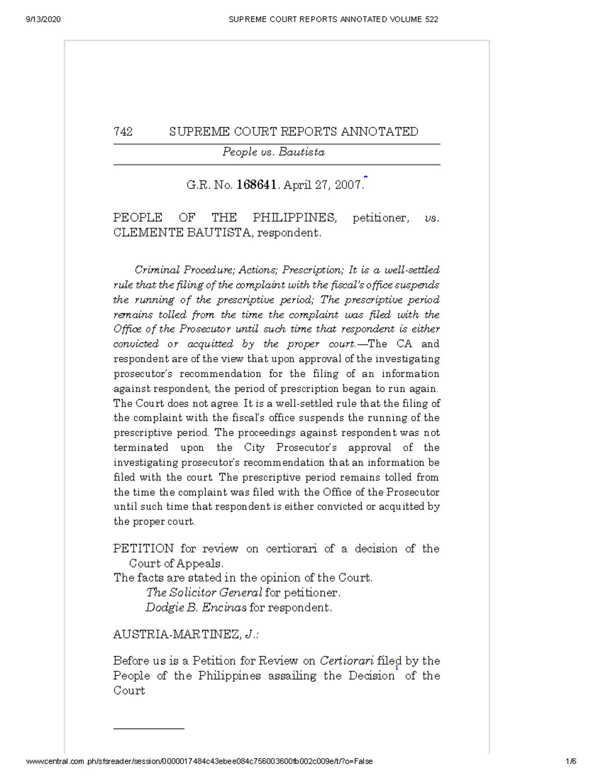 41 People vs Bautista - escra - 742 SUPREME COURT REPORTS ANNOTATED People vs. Bautista G. No ...