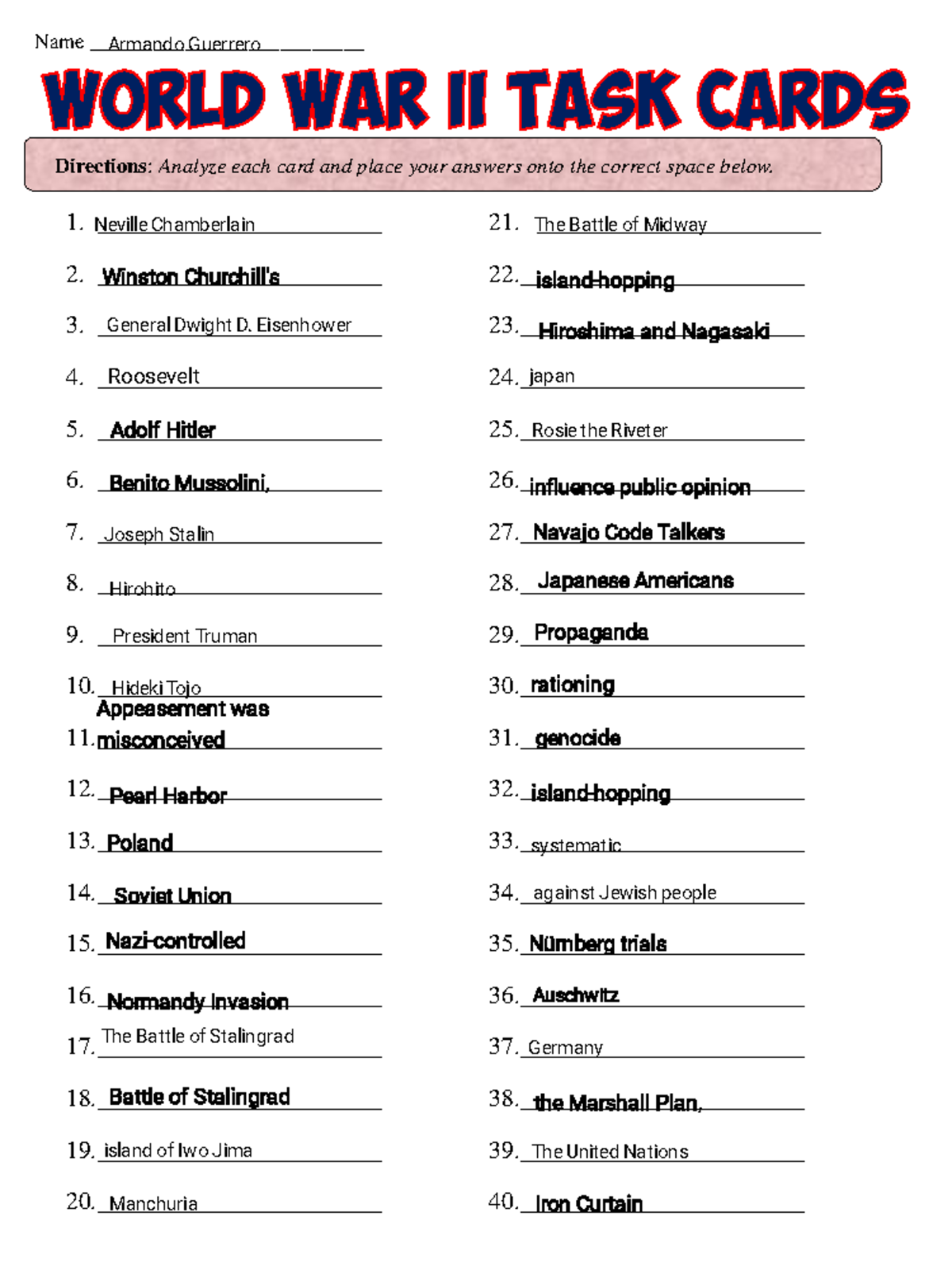 Armando Guerrero - WWII Task Cards - Name __________________________ 10
