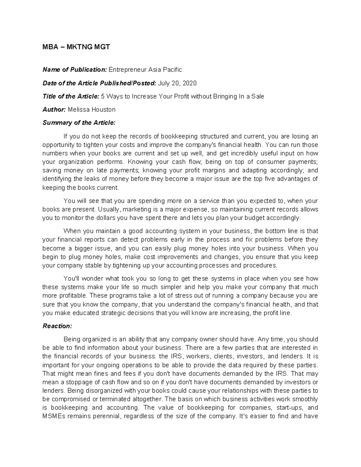 Mktng Mgt Reaction Papers - MBA – MKTNG MGT Name of Publication ...