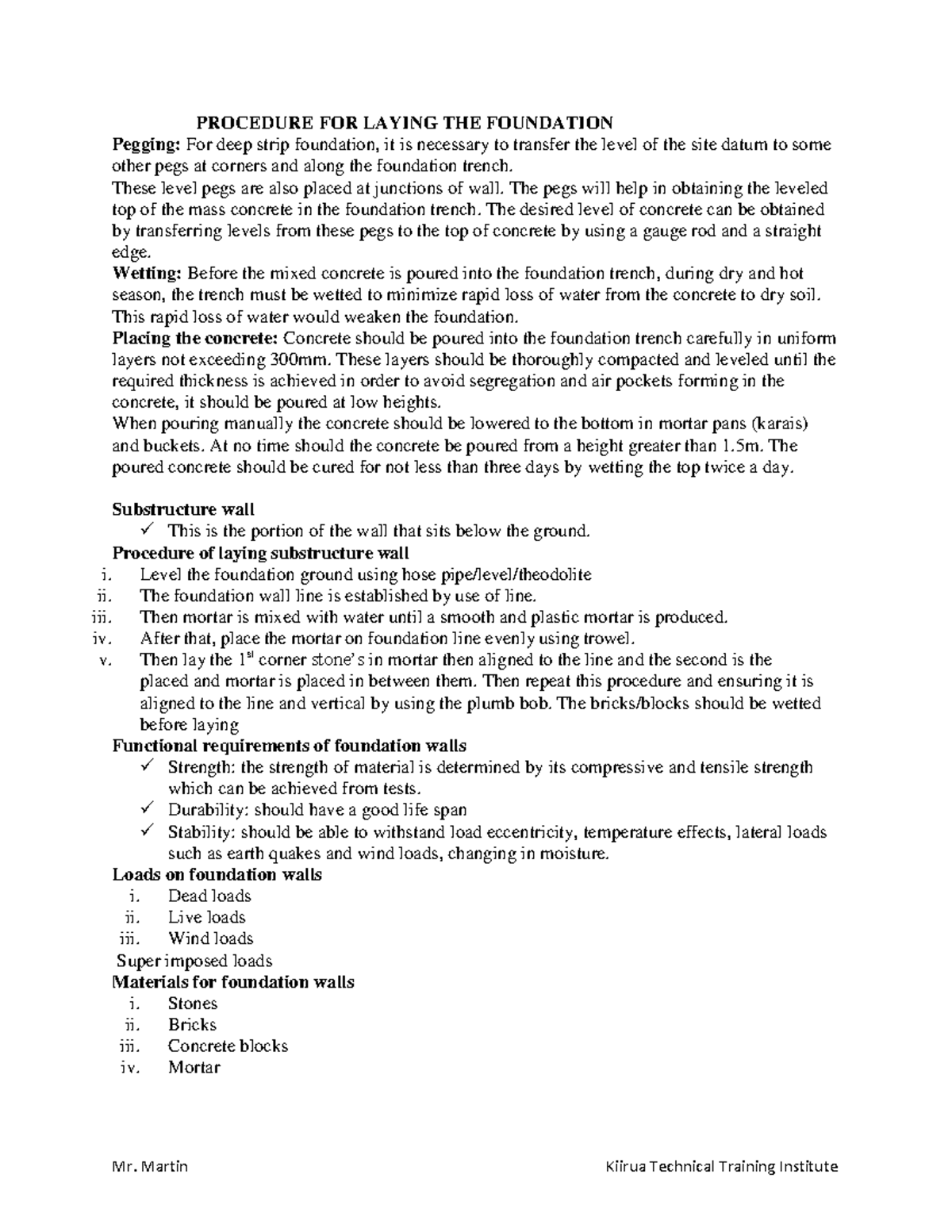 Lesson 3 Substructure Walling - Mr. Martin Kiirua Technical Training ...